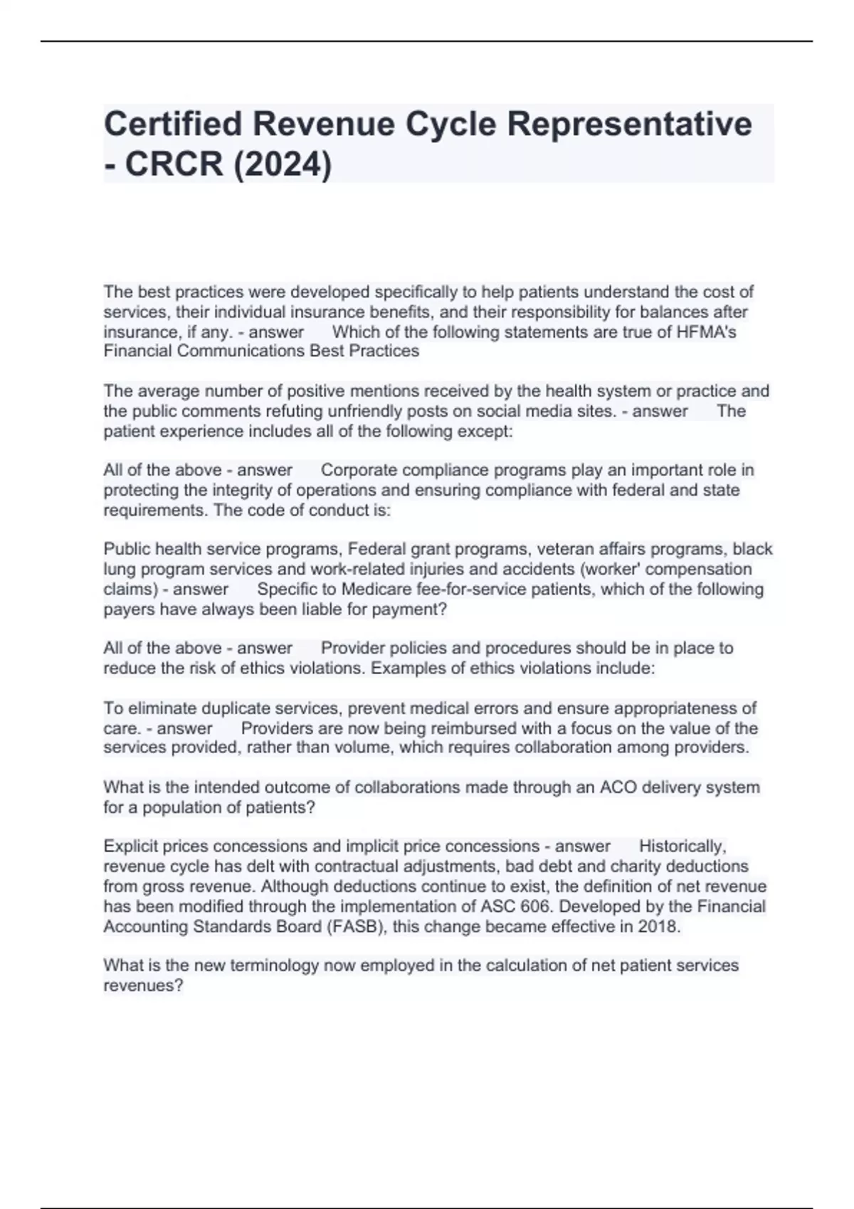 Certified Revenue Cycle Representative - CRCR (2024) Questions with correct Answers - CRCR ...