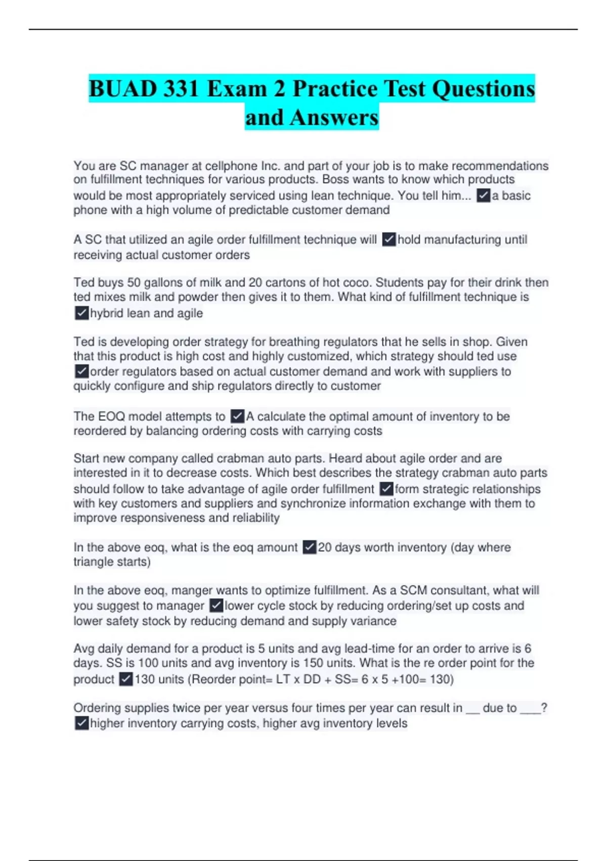 Buad 331 Exam 2 Practice Test Questions And Answers Buad 331 Stuvia Us