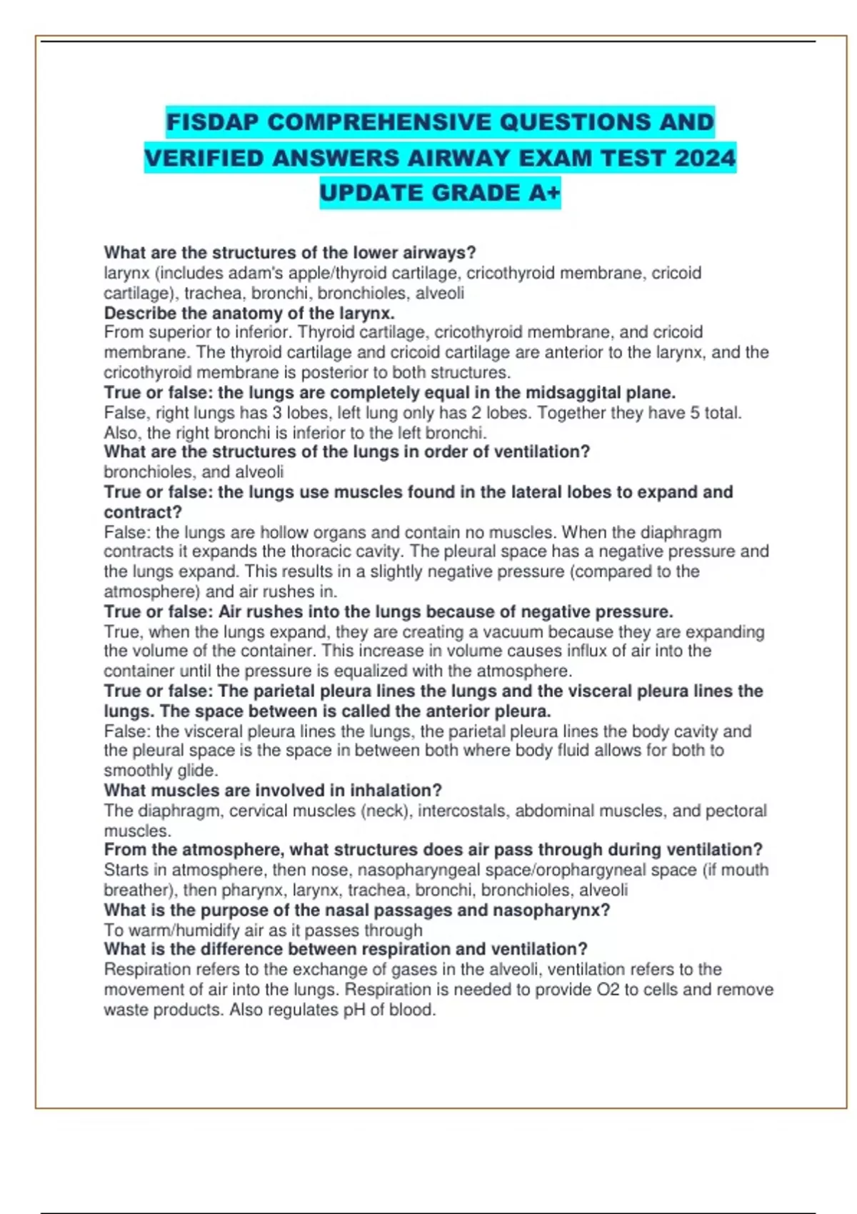 FISDAP COMPREHENSIVE QUESTIONS AND VERIFIED ANSWERS AIRWAY EXAM TEST ...