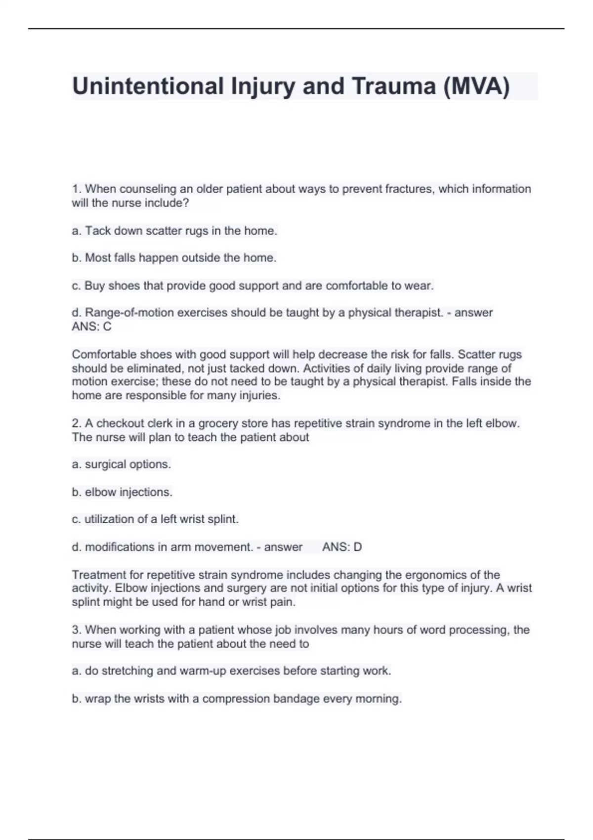 Unintentional Injury and Trauma (MVA) Questions with correct Answers ...