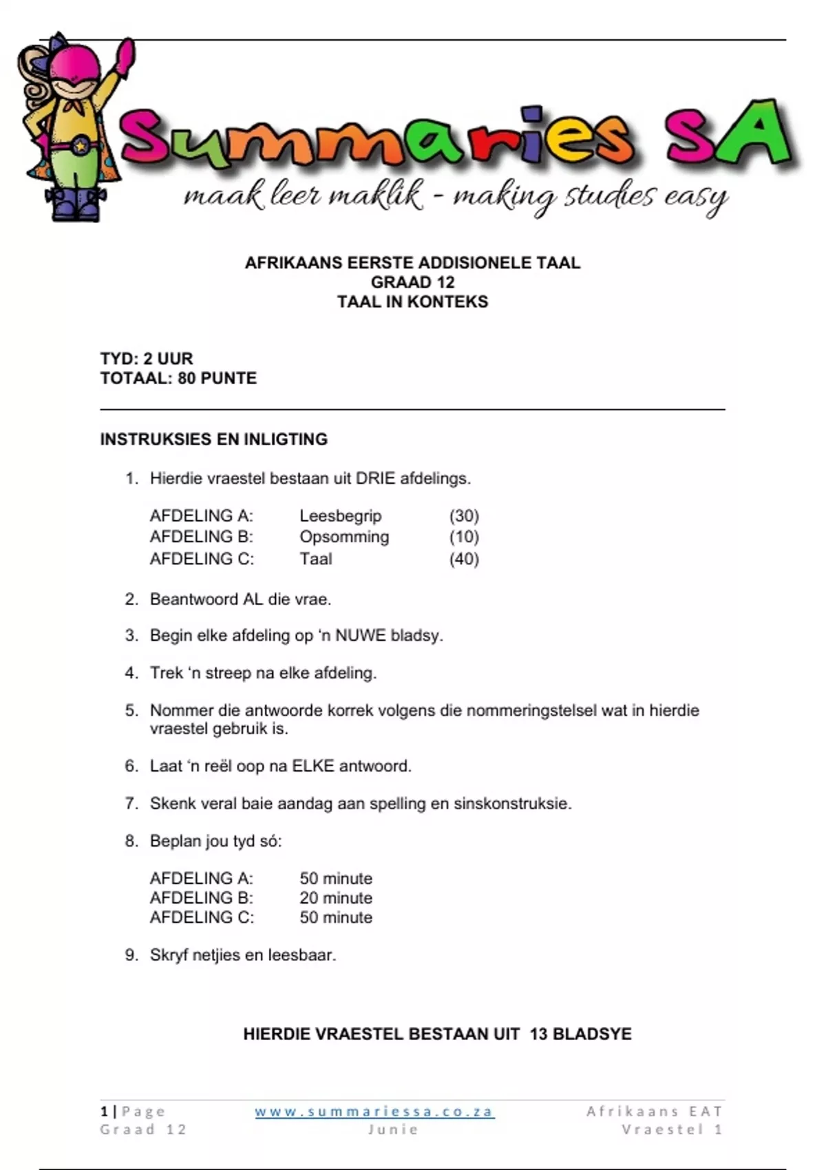 Grade 12 Afrikaans (EAT) Junie Vraestel 1 en Memo - 2024 - Afrikaans ...