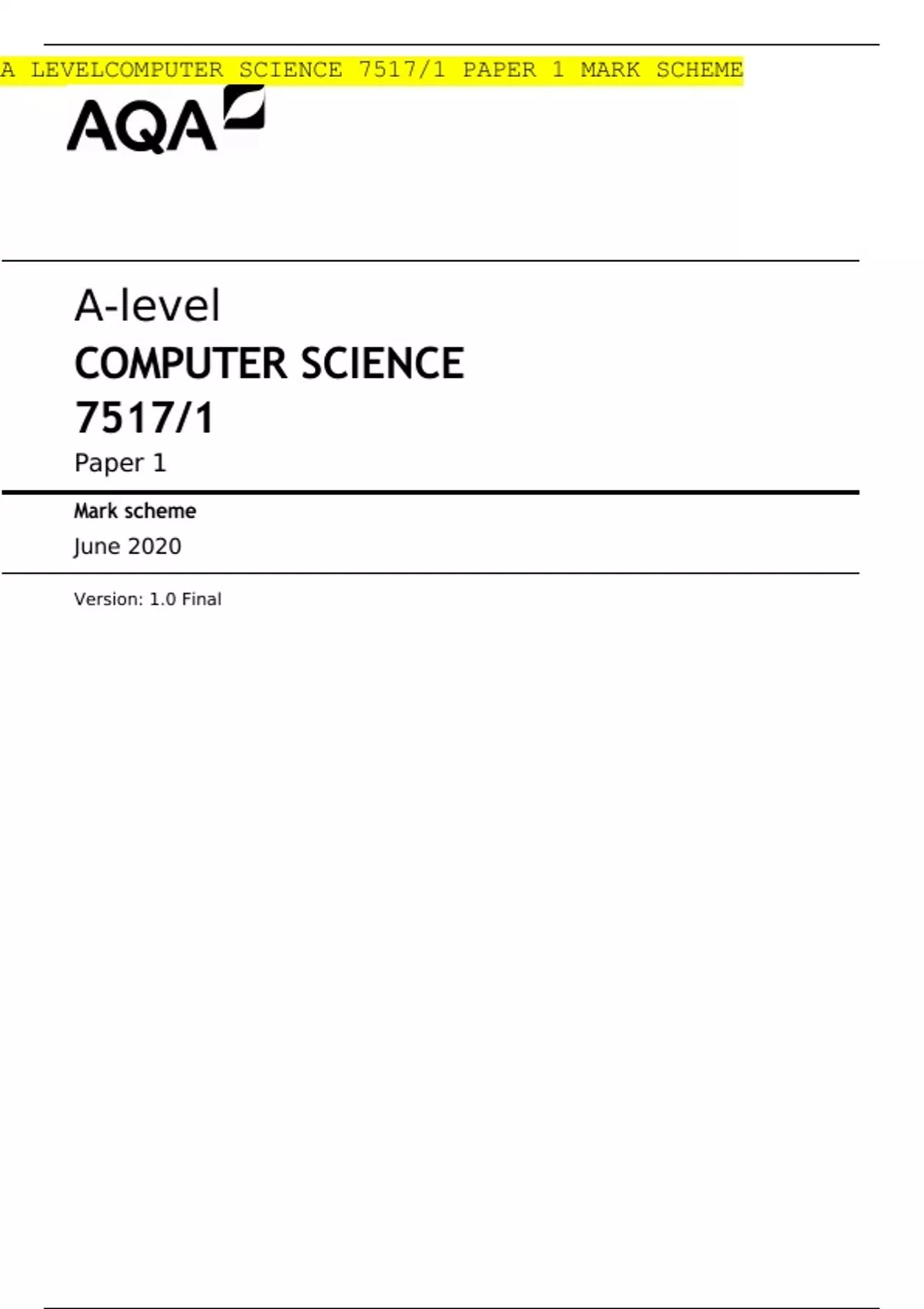 Aqa A Level Computer Science Paper 1 Ms 2020aqa A Level Computer Science Paper 1 Ms 2020 Aqa A