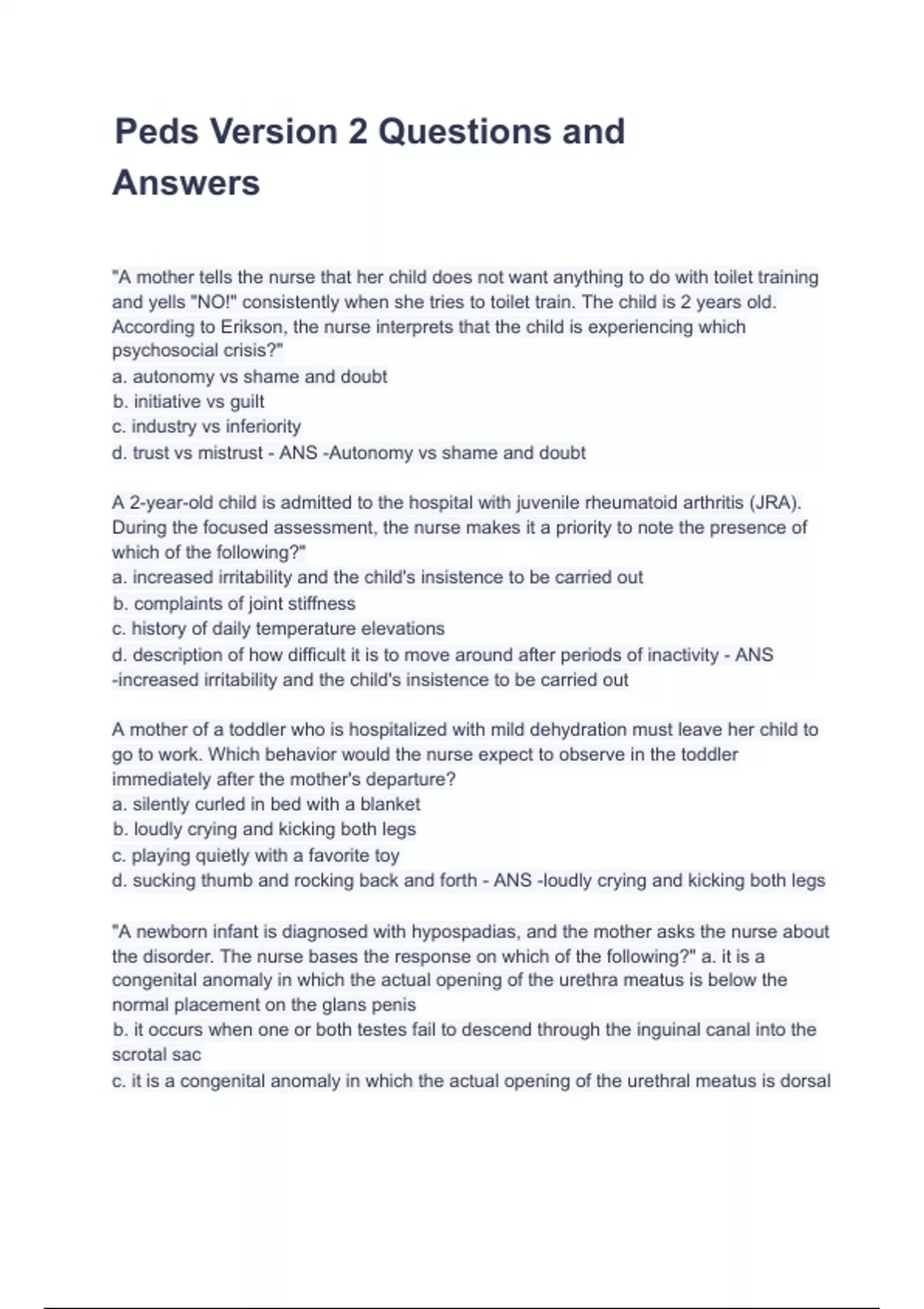 Peds Version 2 Questions and Answers - 601 - Stuvia US