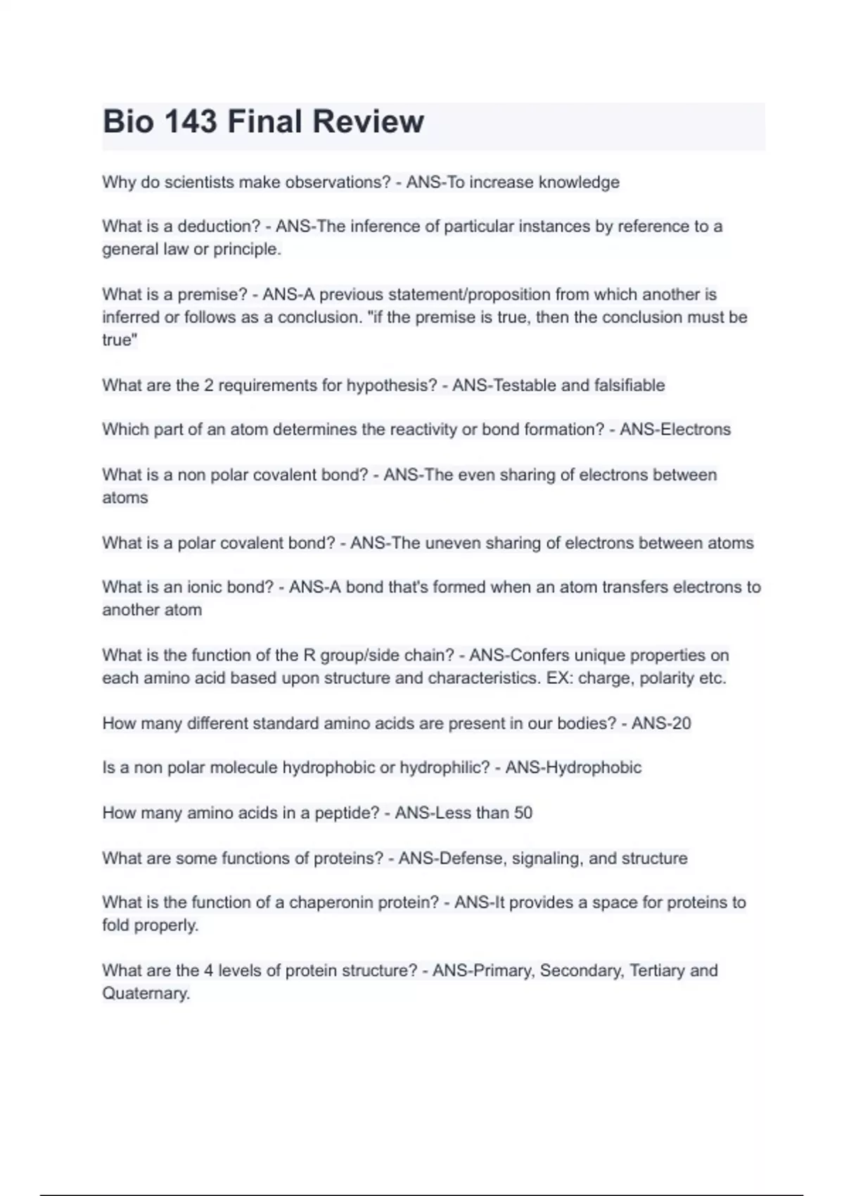 Bio 143 Final Review - Bio 143 - Stuvia US