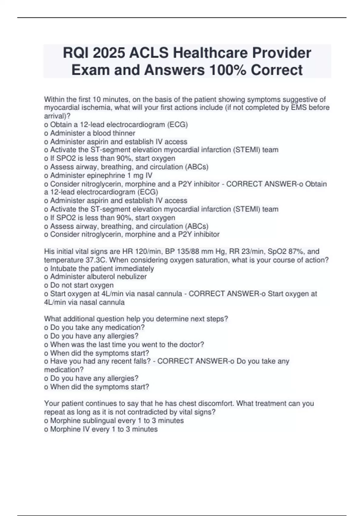 RQI 2025 ACLS Healthcare Provider Exam and Answers 100% Correct - RQI 2025 ACLS - Stuvia US