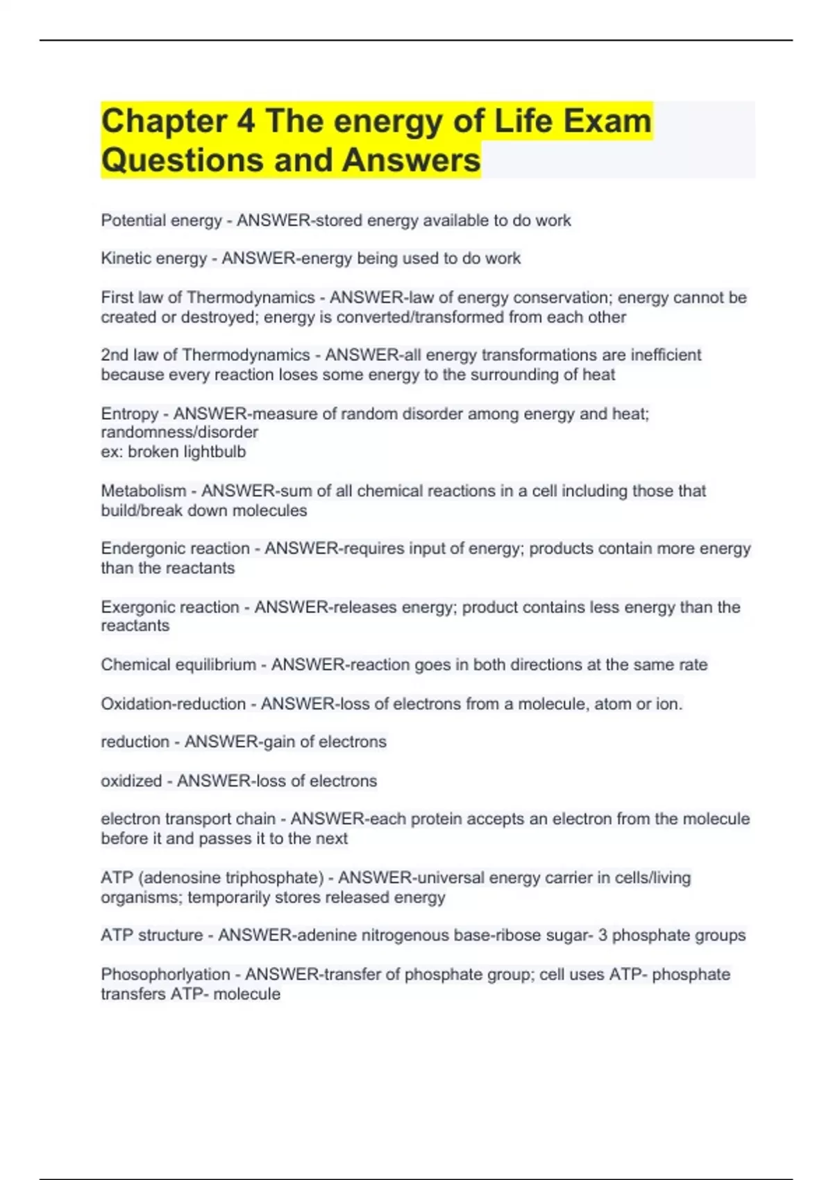 Chapter 4 The energy of Life Exam Questions and Answers - Energetics of ...