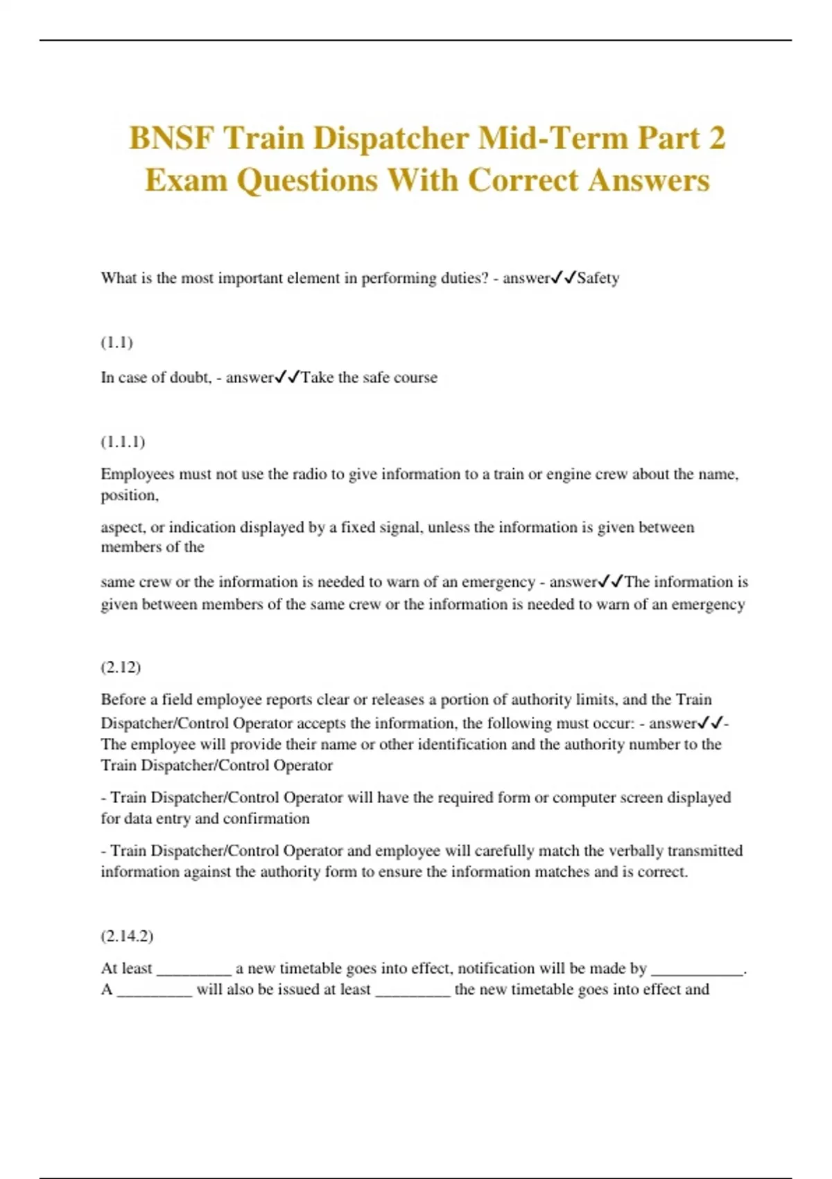 BNSF Train Dispatcher Mid-Term Part 2 Exam Questions With Correct ...