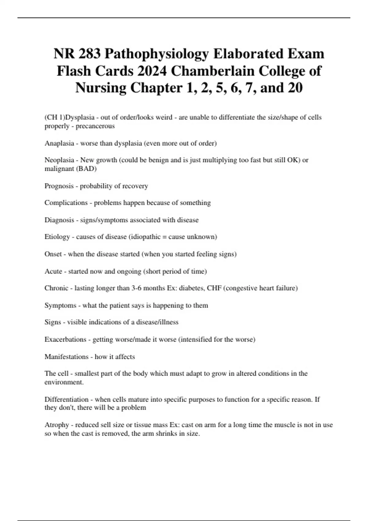 NR 283 Pathophysiology Elaborated Exam Flash Cards 2024 Chamberlain ...