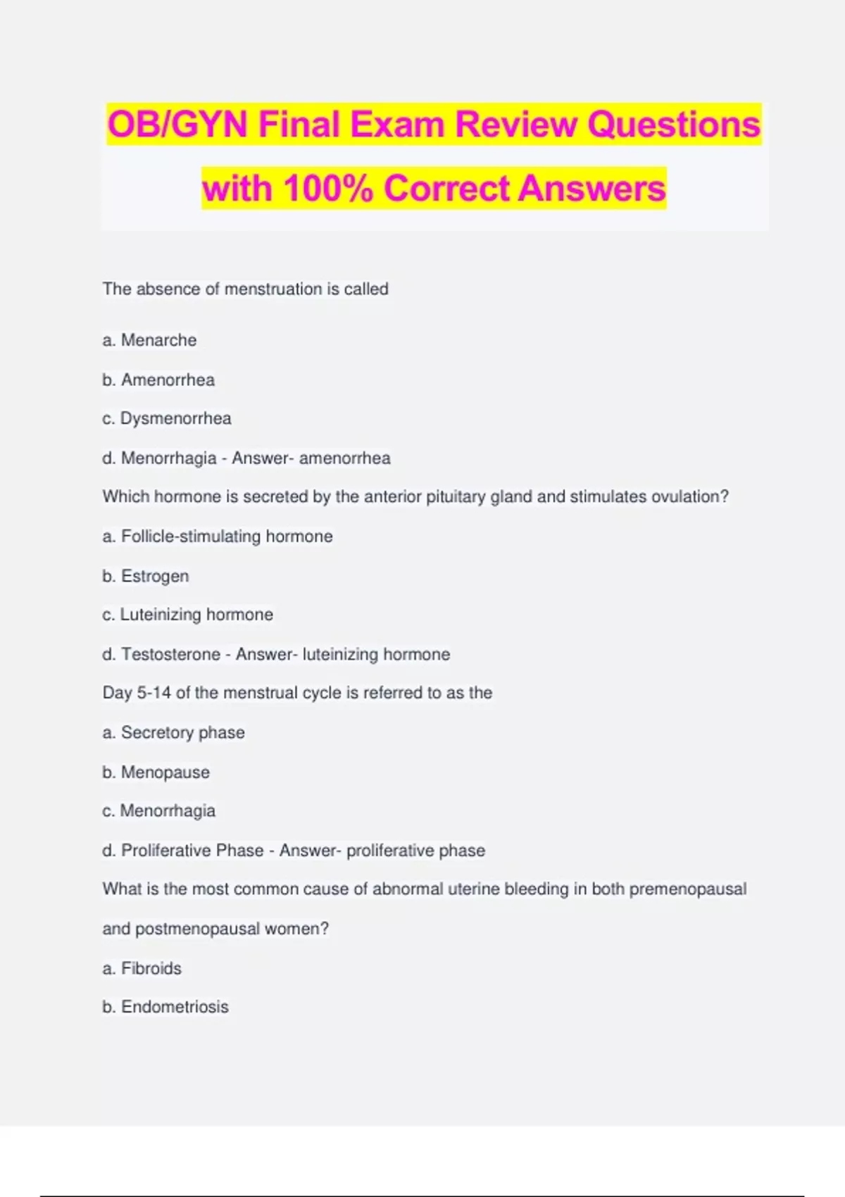 OB/GYN Final Exam Review Questions with 100% Correct Answers - OBGYN - Stuvia US