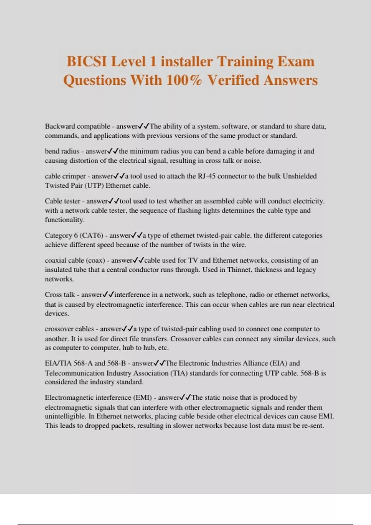 BICSI Level 1 installer Training Exam Questions With 100% Verified ...