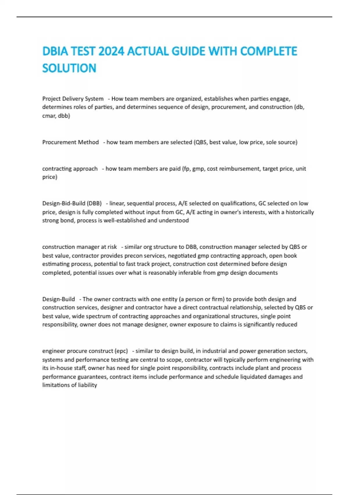 DBIA TEST 2024 ACTUAL GUIDE WITH COMPLETE SOLUTION - DBIA - Stuvia US