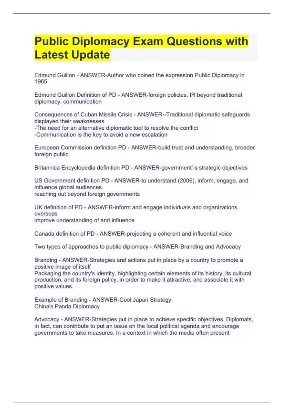 Public Diplomacy Exam Questions with Latest Update - Public Diplomacy ...