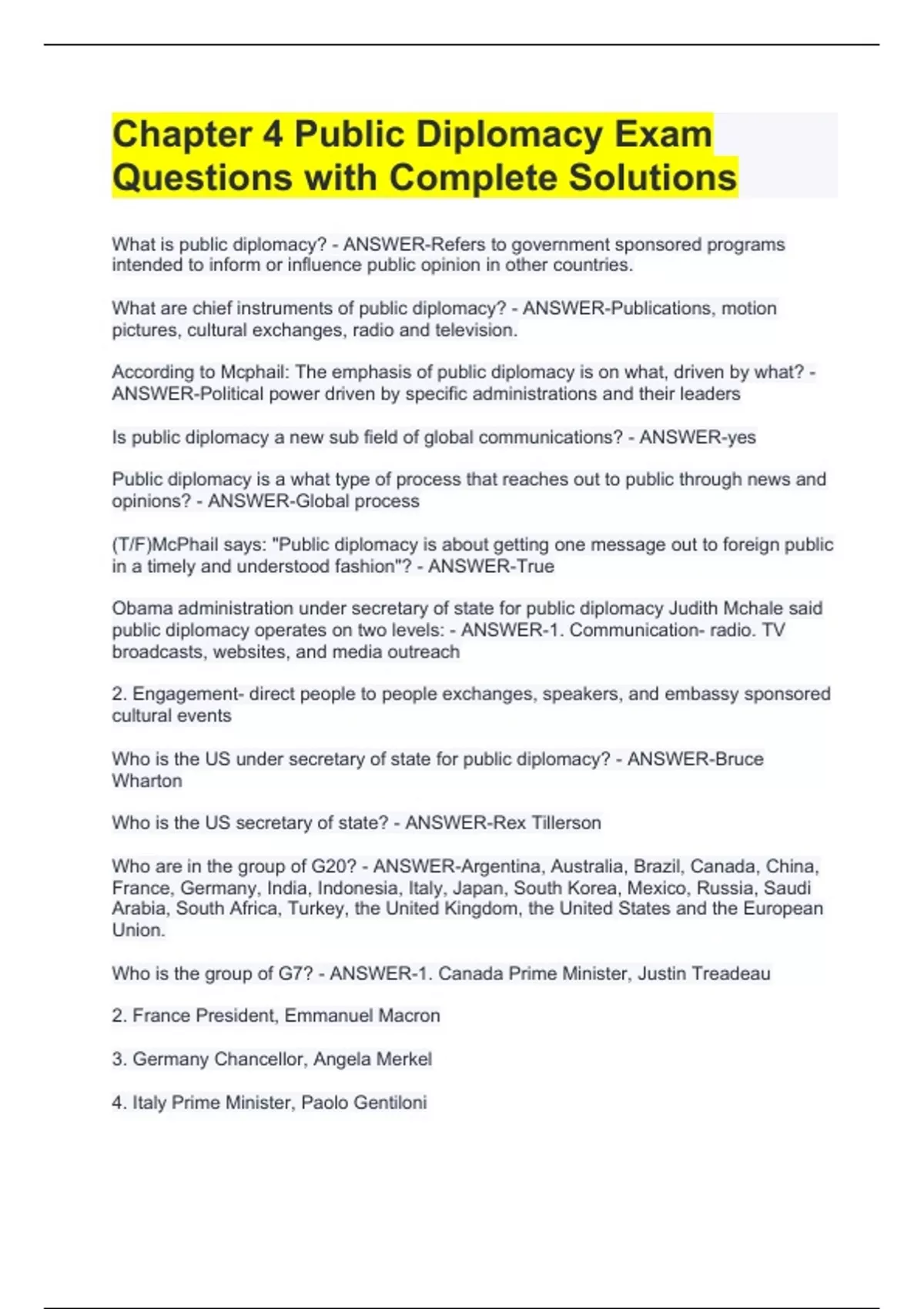 Chapter 4 Public Diplomacy Exam Questions with Complete Solutions ...