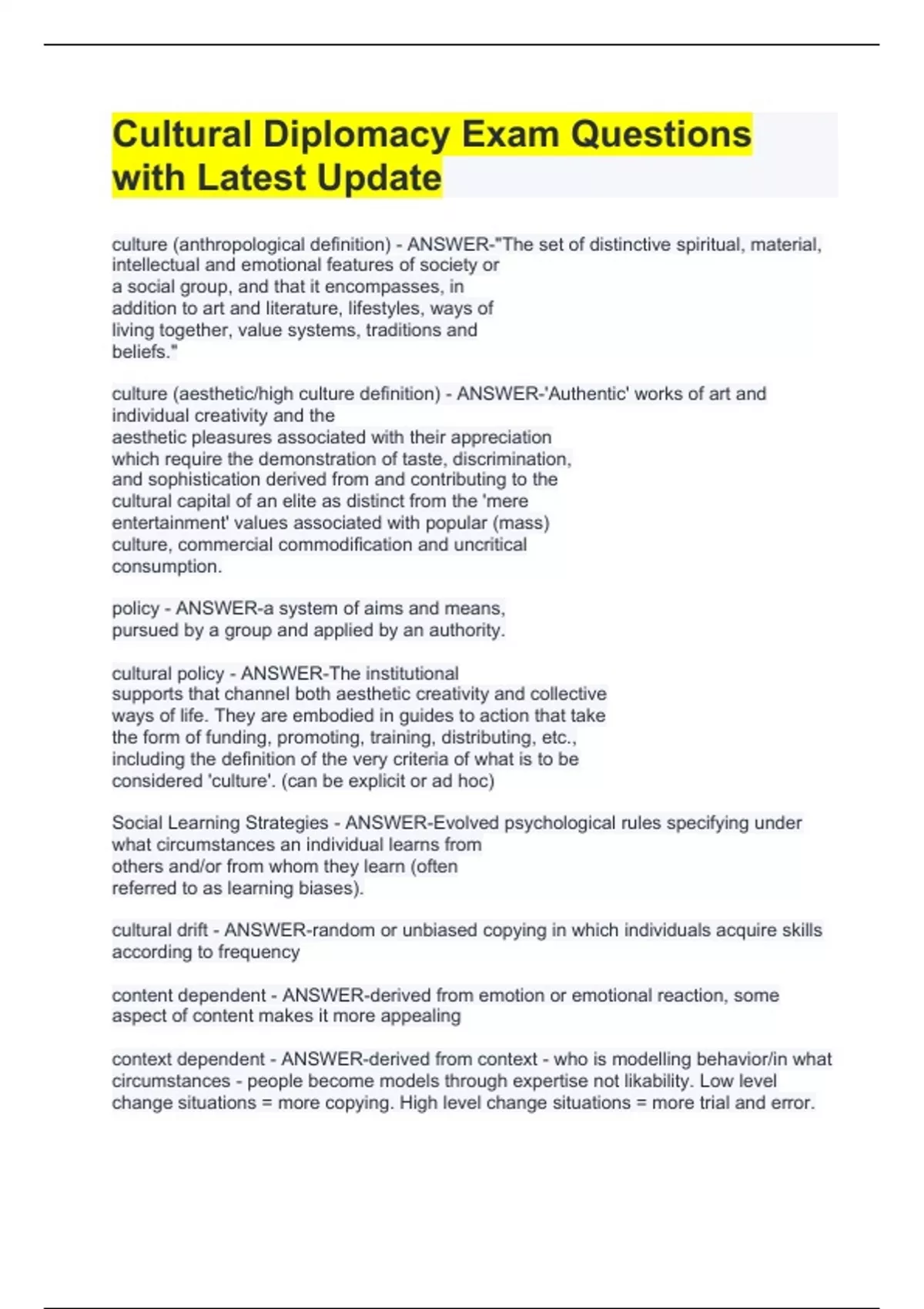 Cultural Diplomacy Exam Questions with Latest Update - Public Diplomacy ...