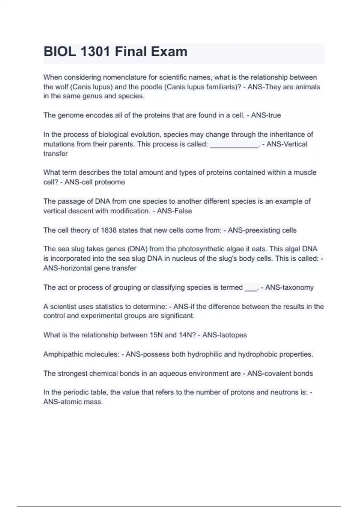 BIOL 1301 Final Exam - Biology 1301 - Stuvia US