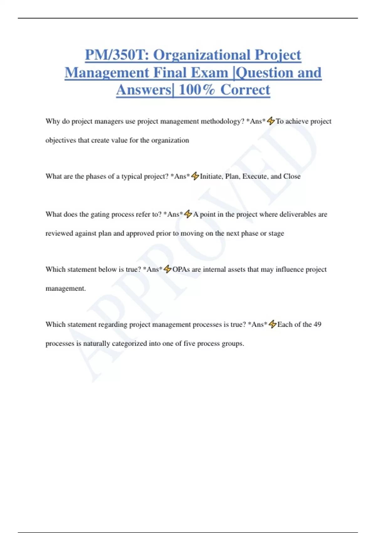 PM/350T: Organizational Project Management Final Exam |Question and ...