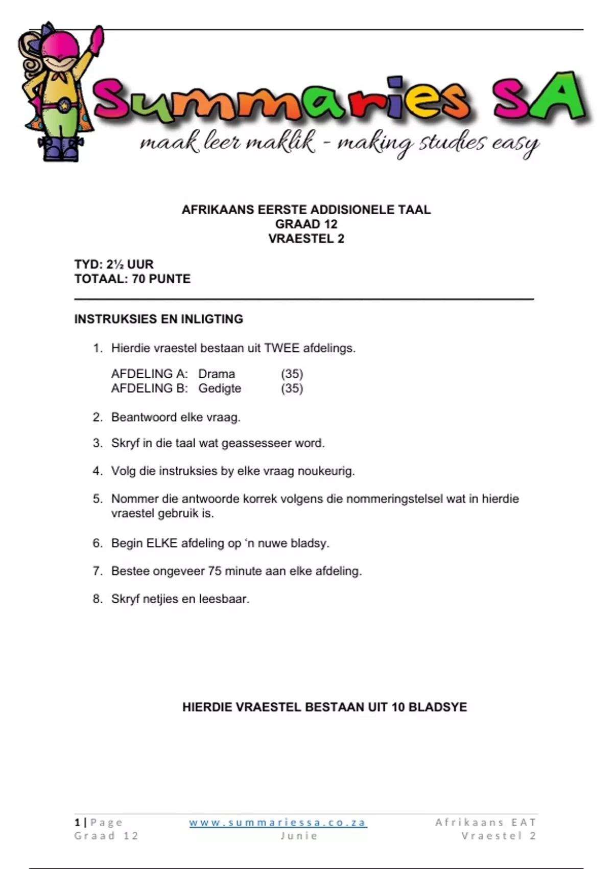 Grade 12 Afrikaans (EAT) Junie Vraestel 2 en Memo - 2024 - Afrikaans ...