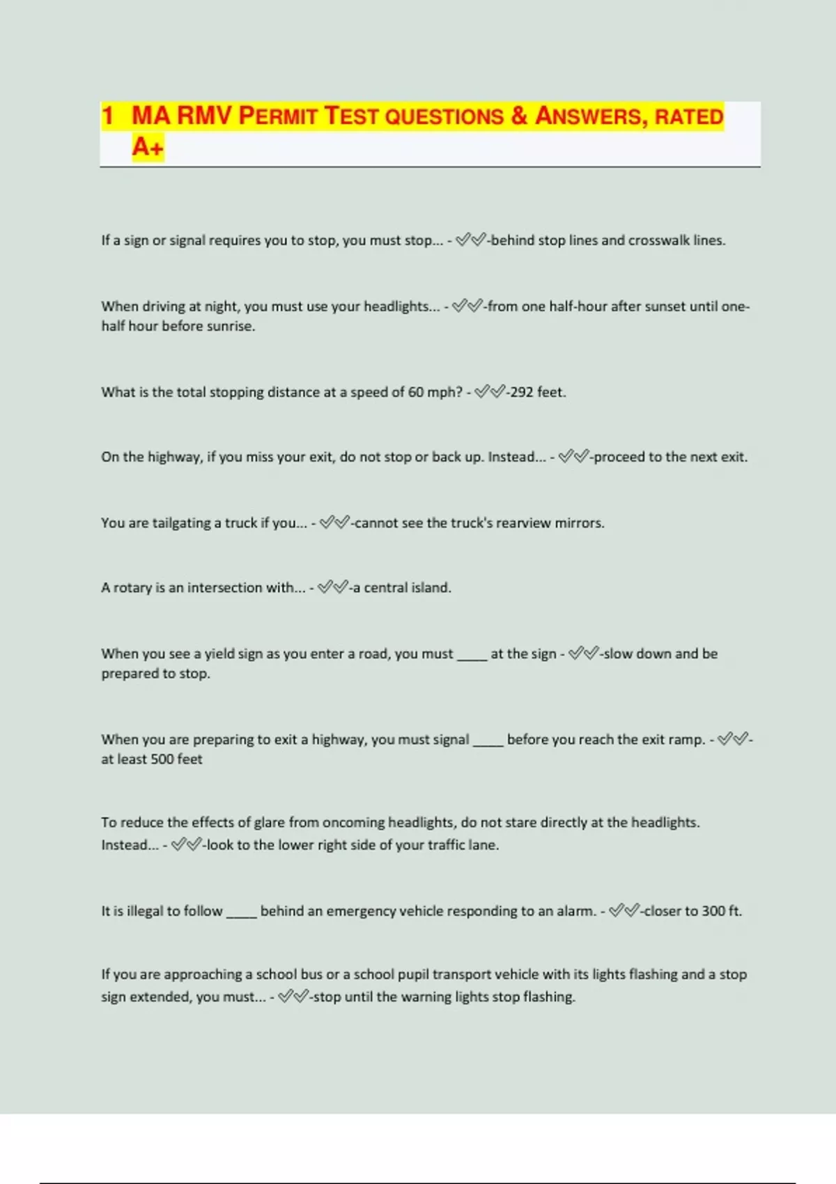 MA RMV PERMIT TEST QUESTIONS & ANSWERS, RATED A+| latest update 2024/25 ...