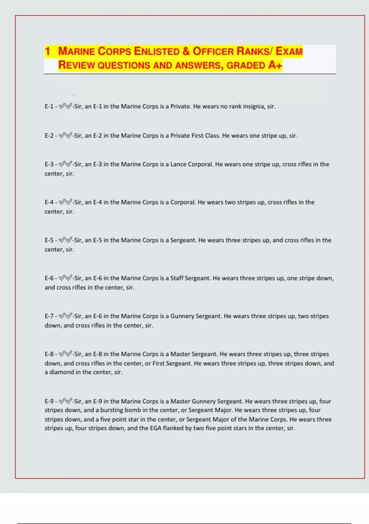 MARINE CORPS ENLISTED & OFFICER RANKS/ EXAM REVIEW QUESTIONS AND ...