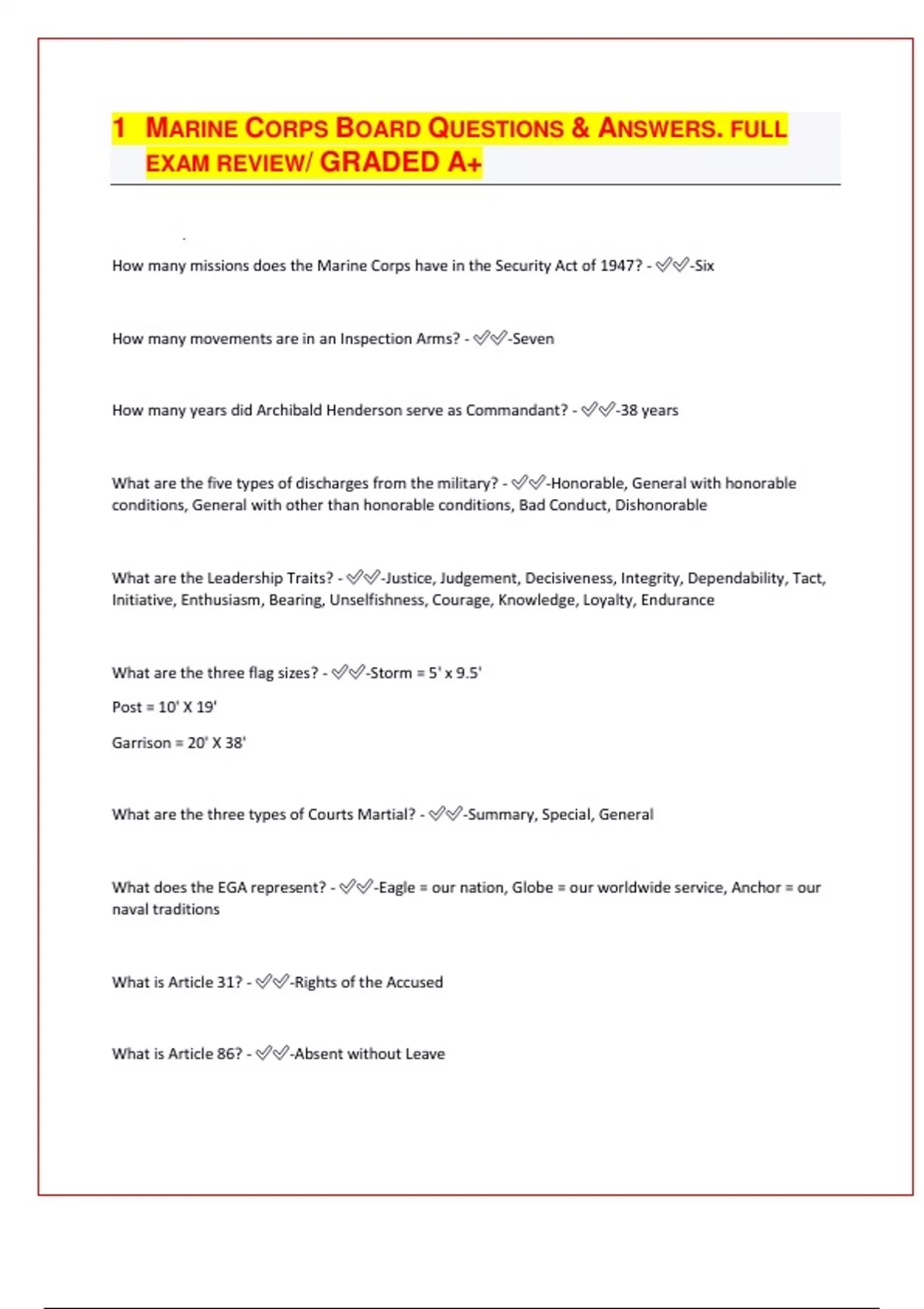 MARINE CORPS BOARD QUESTIONS & ANSWERS. FULL EXAM REVIEW/ GRADED A+ ...