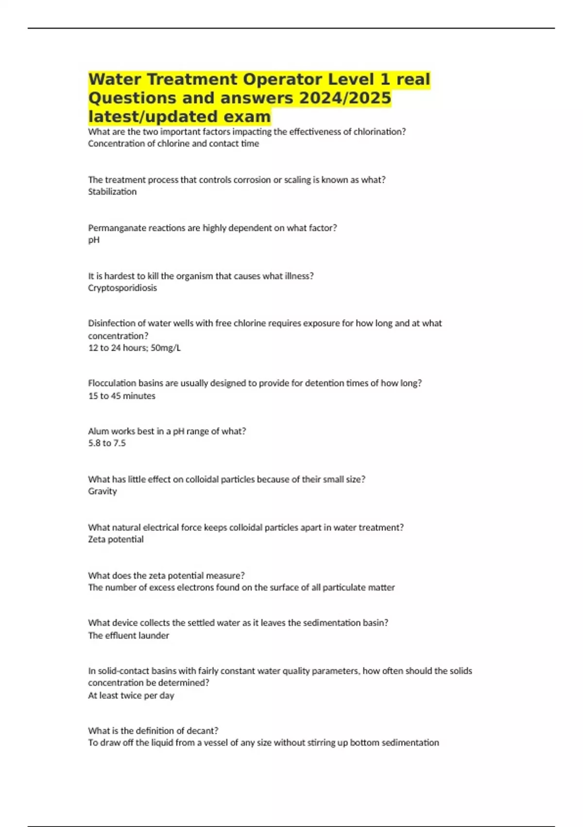Water Treatment Operator Level 1 real Questions and answers 2024/2025 ...