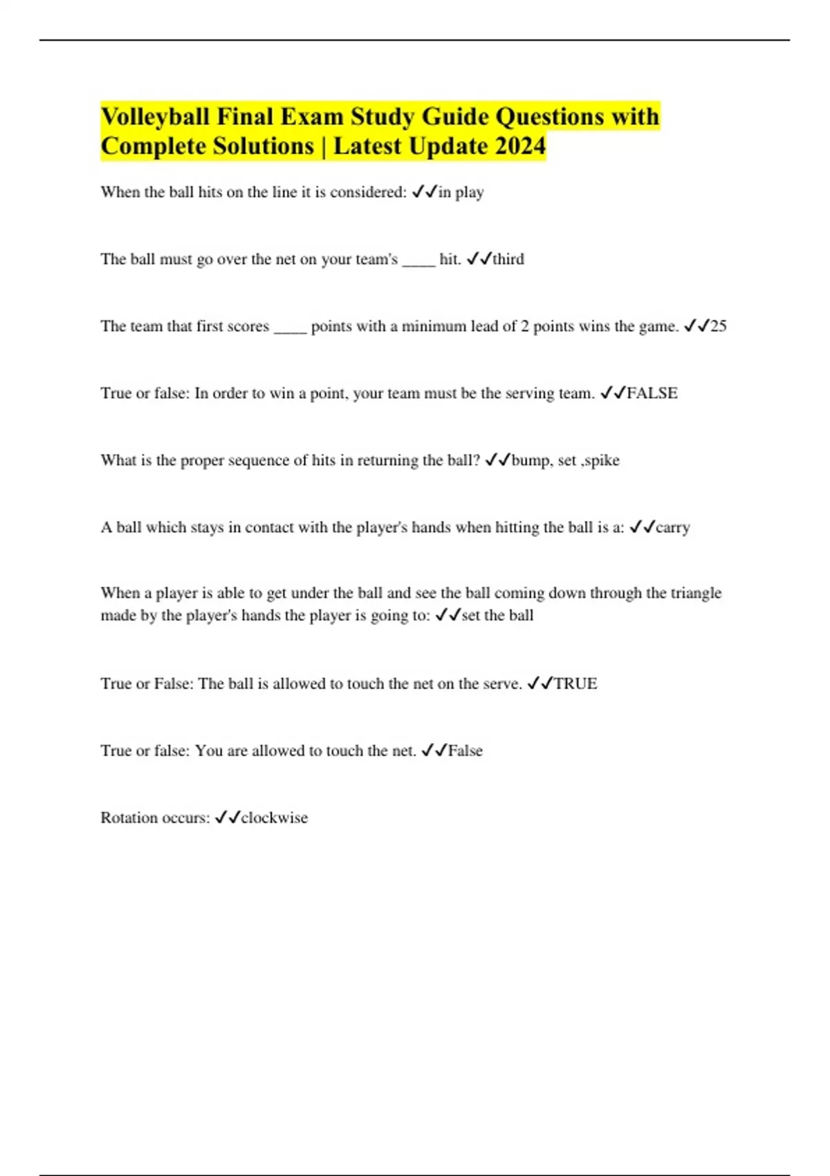 Volleyball Final Exam Study Guide Questions with Complete Solutions ...