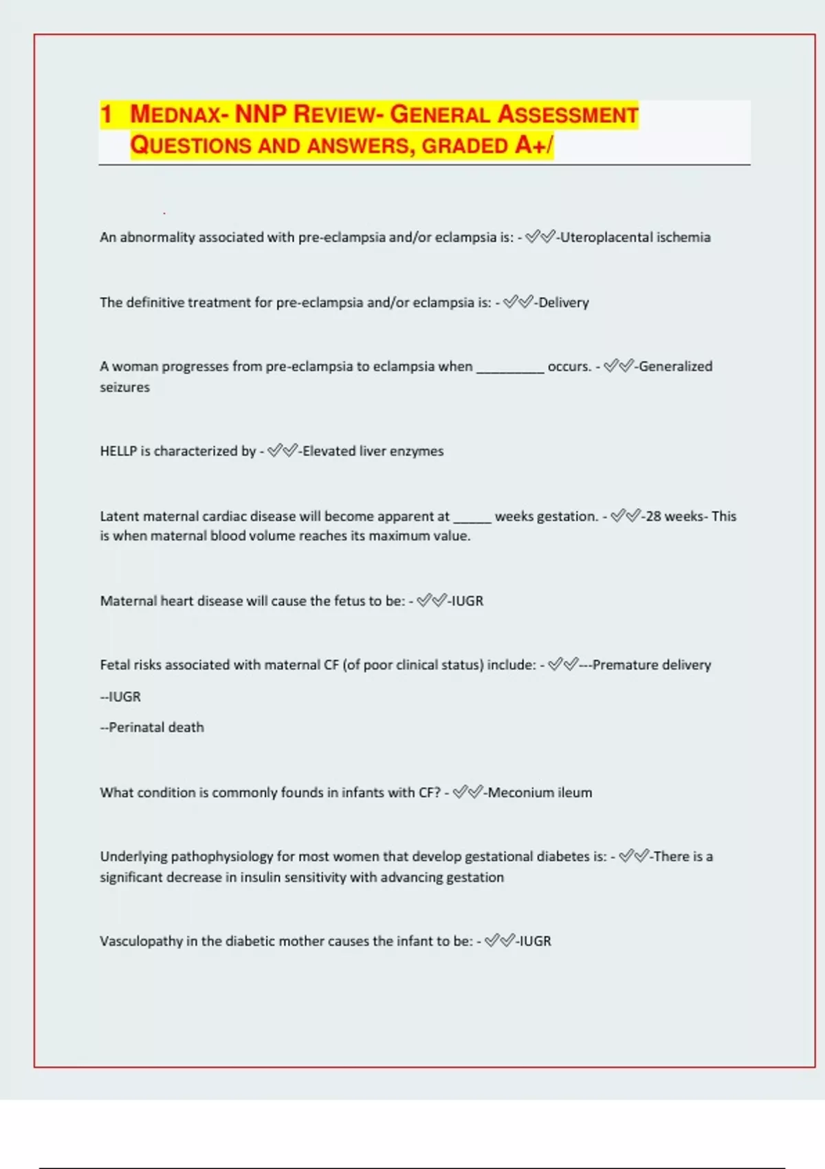 MEDNAX- NNP REVIEW- GENERAL ASSESSMENT QUESTIONS AND ANSWERS, GRADED A+ ...