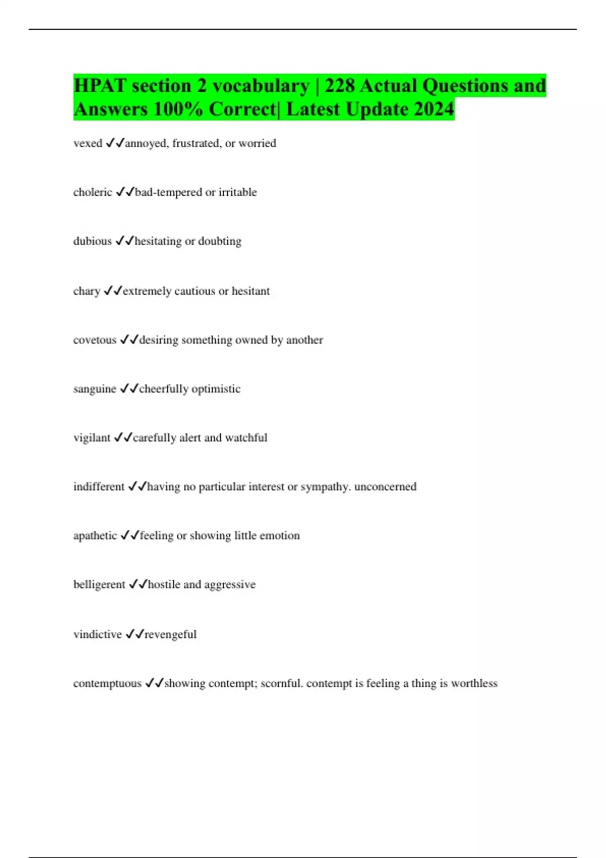HPAT vocabulary | 185 Questions and Answers 100% Correct| Latest Update ...