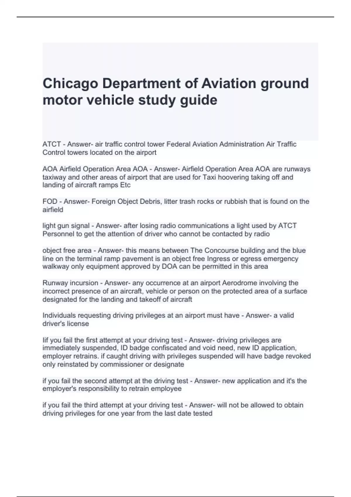 Chicago Department of Aviation ground motor vehicle study guide 2024 ...