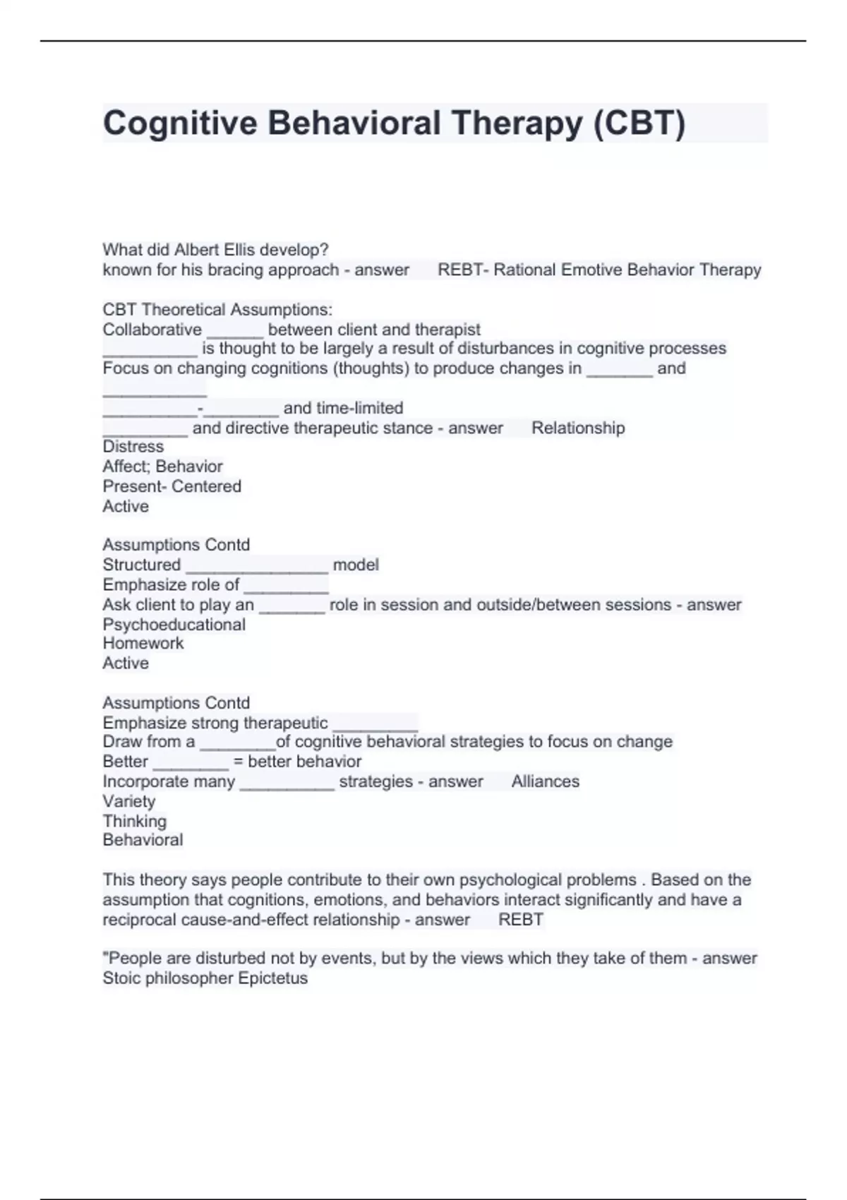 Cognitive Behavioral Therapy (CBT) Questions with correct 2024 ...