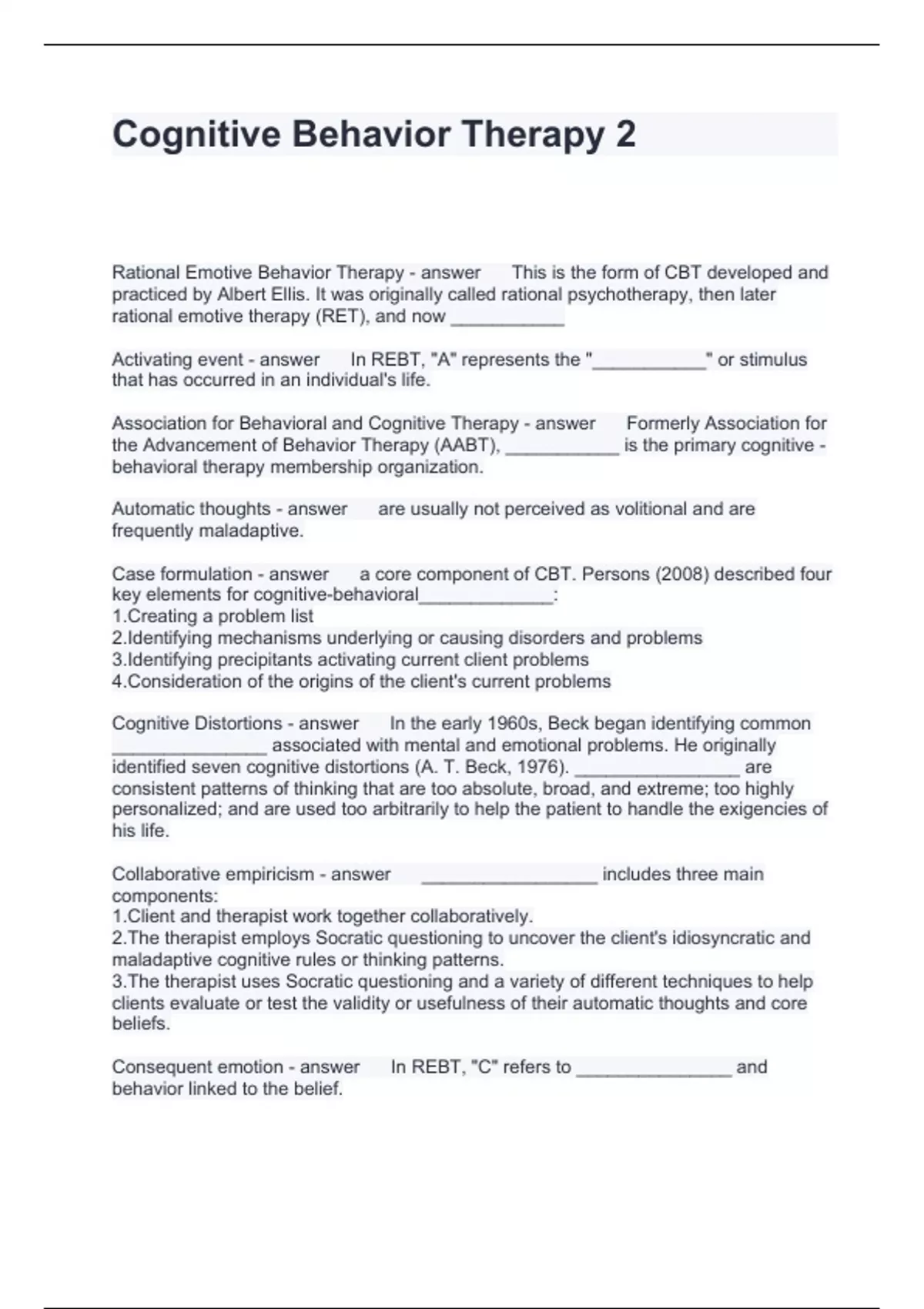 Cognitive Behavior Therapy 2, Questions with correct Answers 2024 ...