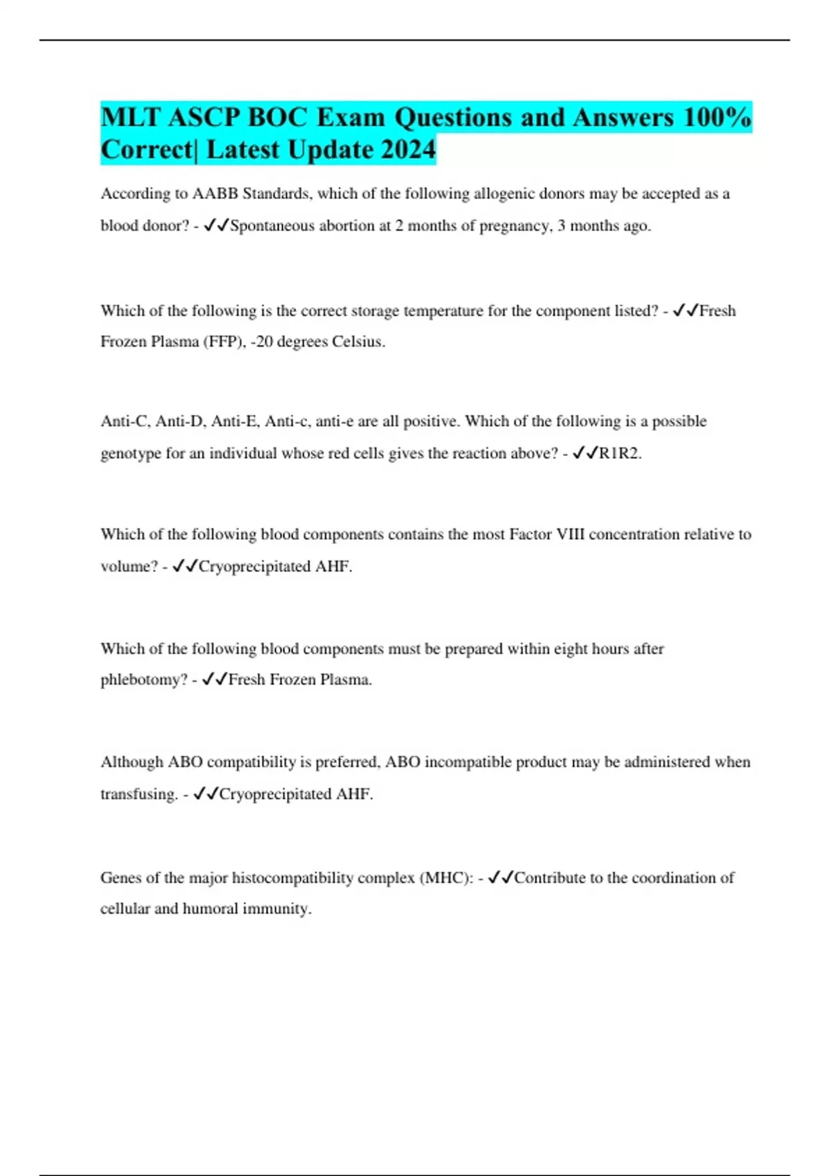 MLT ASCP BOC Exam Questions and Answers 100% Correct| Latest Update ...