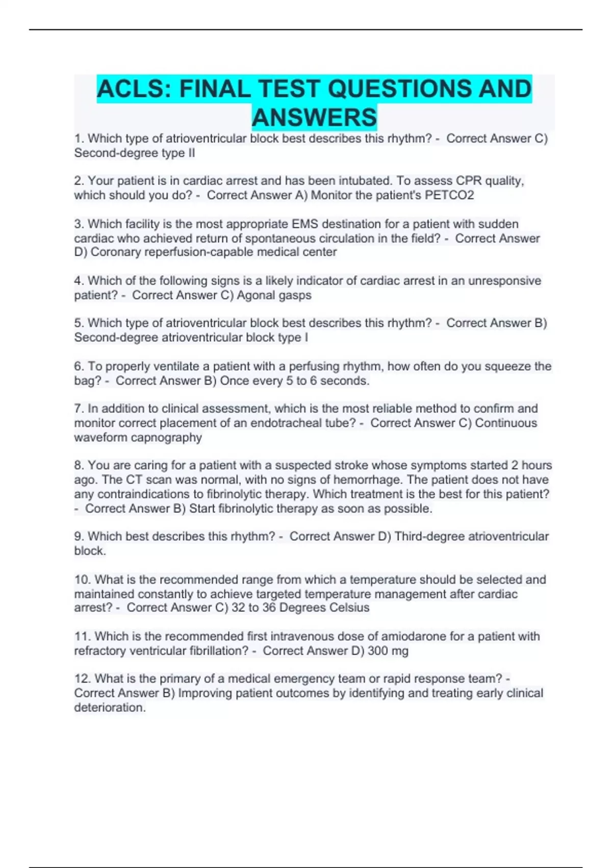 ACLS: FINAL TEST QUESTIONS AND ANSWERS - Acls - Stuvia US