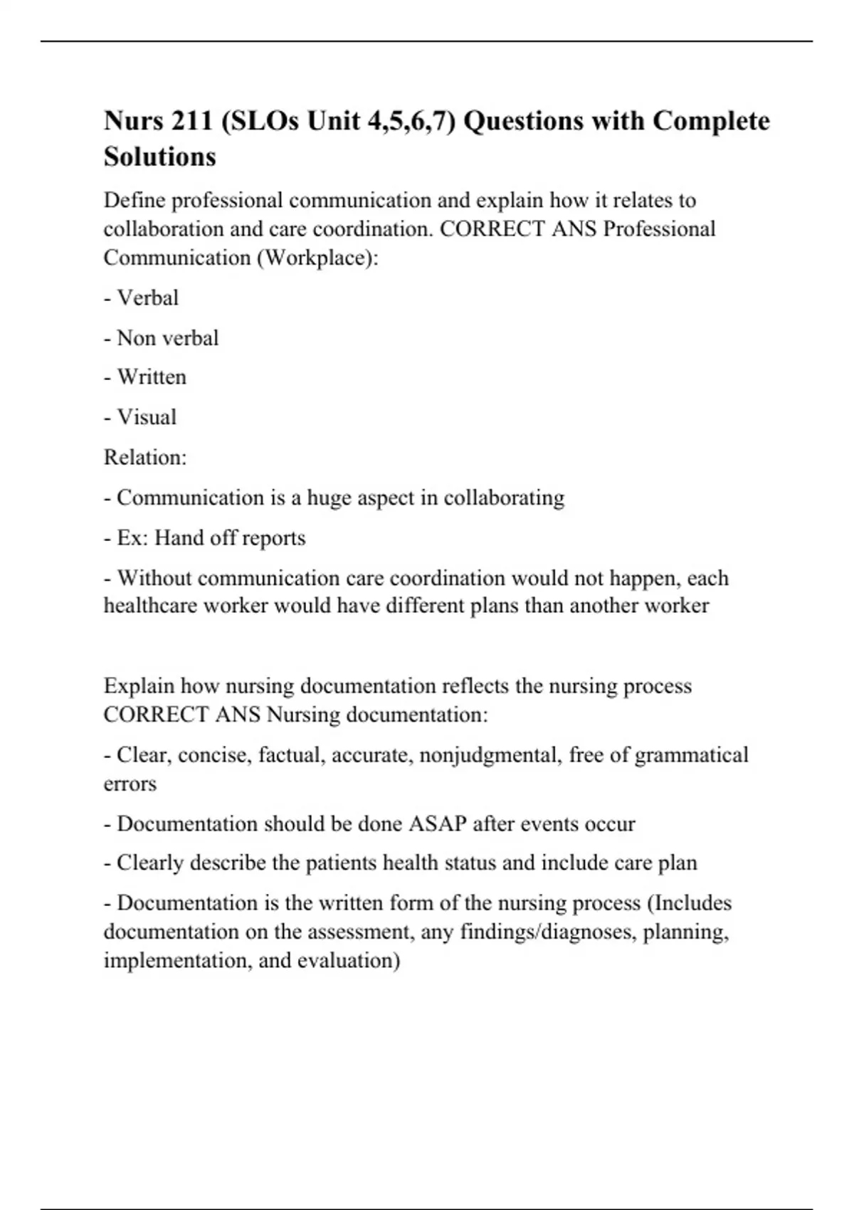 Nurs 211 (SLOs Unit 4,5,6,7) Questions with Complete Solutions ...