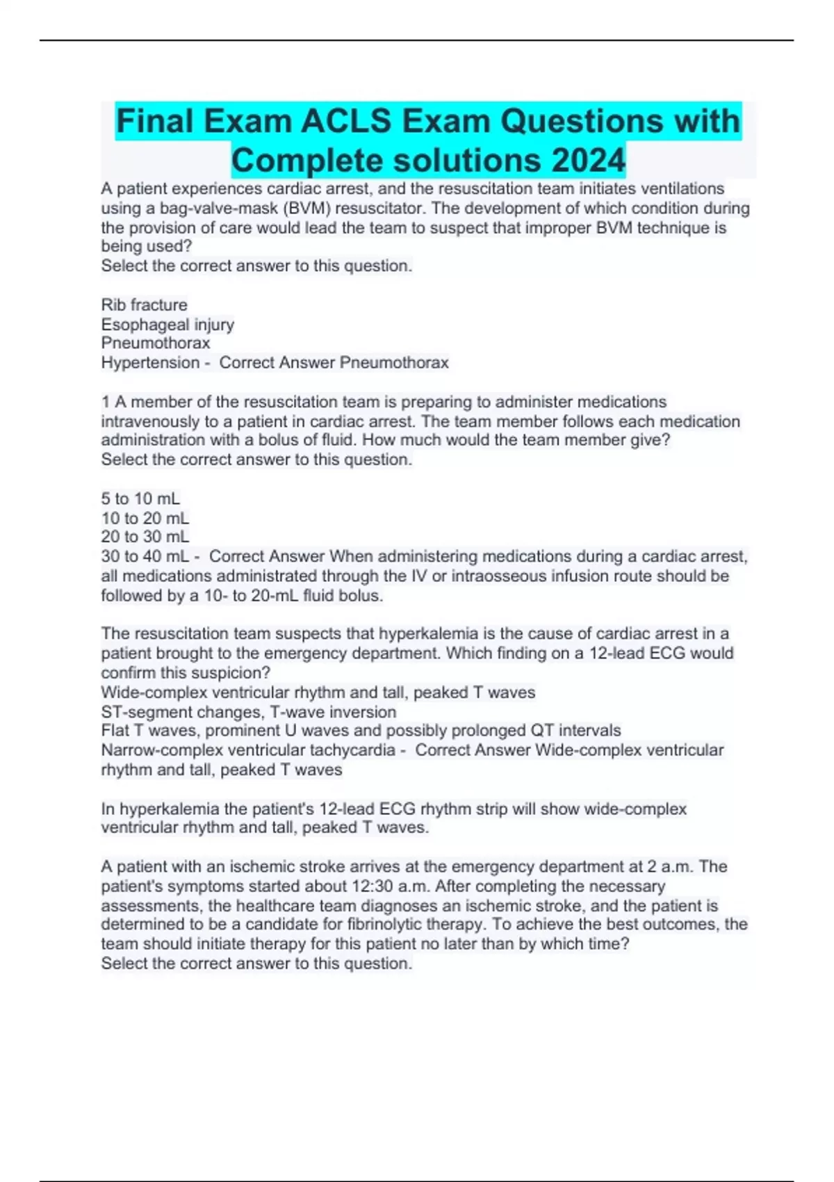 Final Exam ACLS Exam Questions with Complete solutions 2024 - Acls - Stuvia US