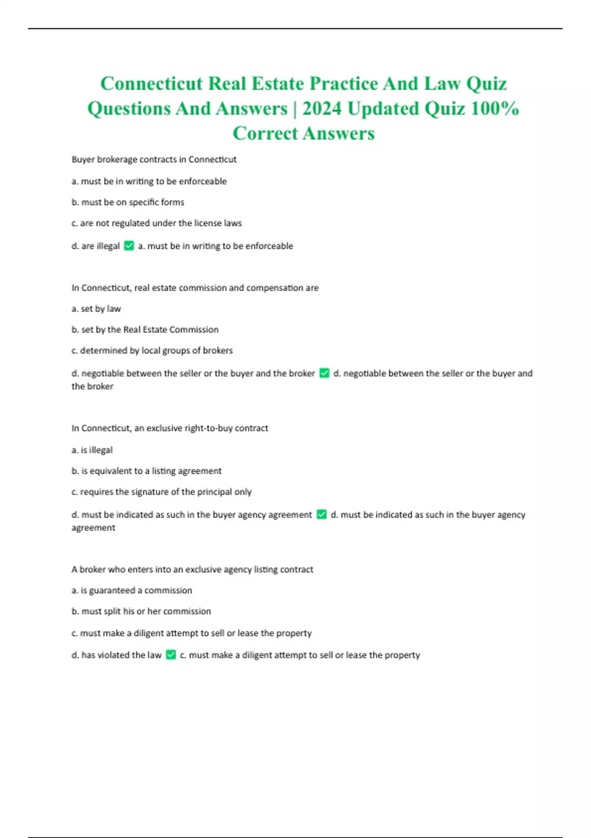 Connecticut Real Estate Practice And Law Quiz Questions And Answers ...