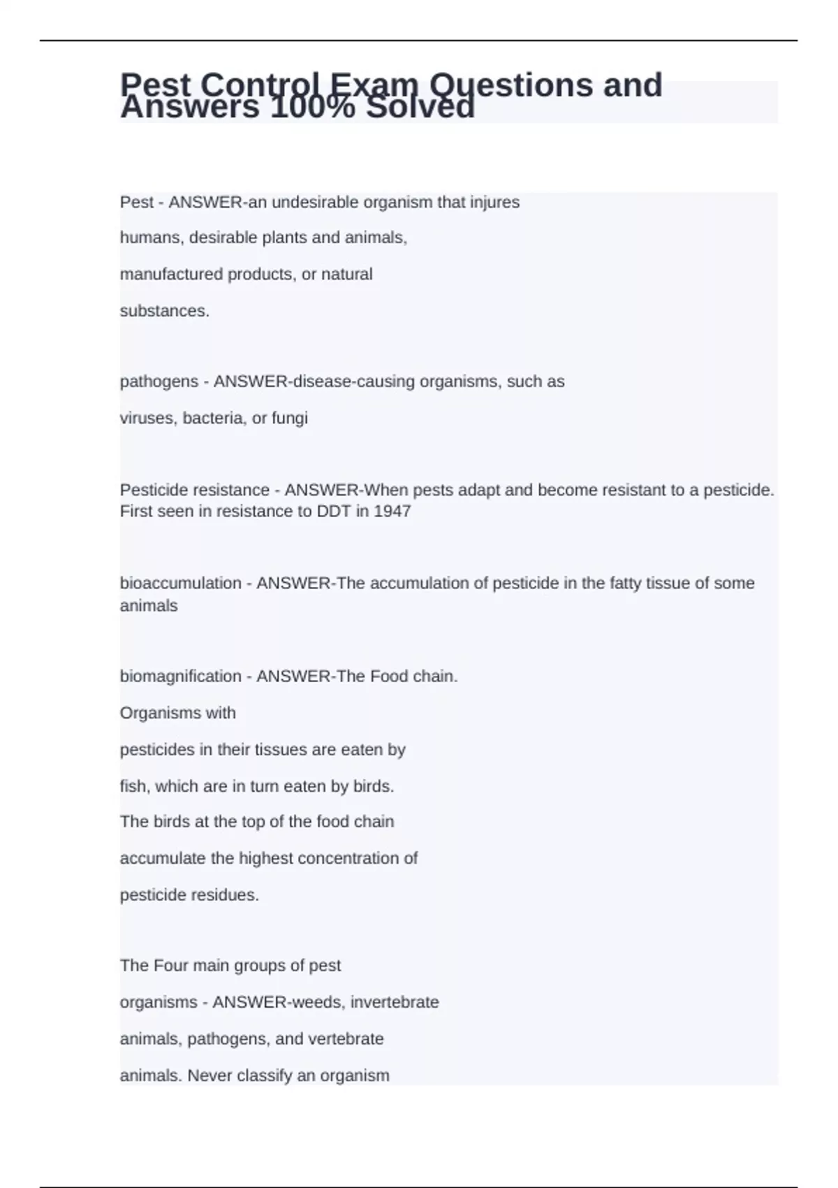 Pest Control Exam Questions and Answers 100% Solved - Pest control ...