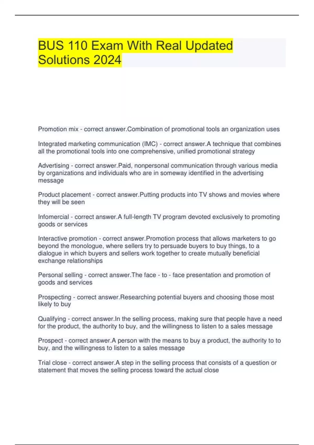 Bus 110 Exam With Real Updated Solutions 2024 Bus 110 Stuvia Us