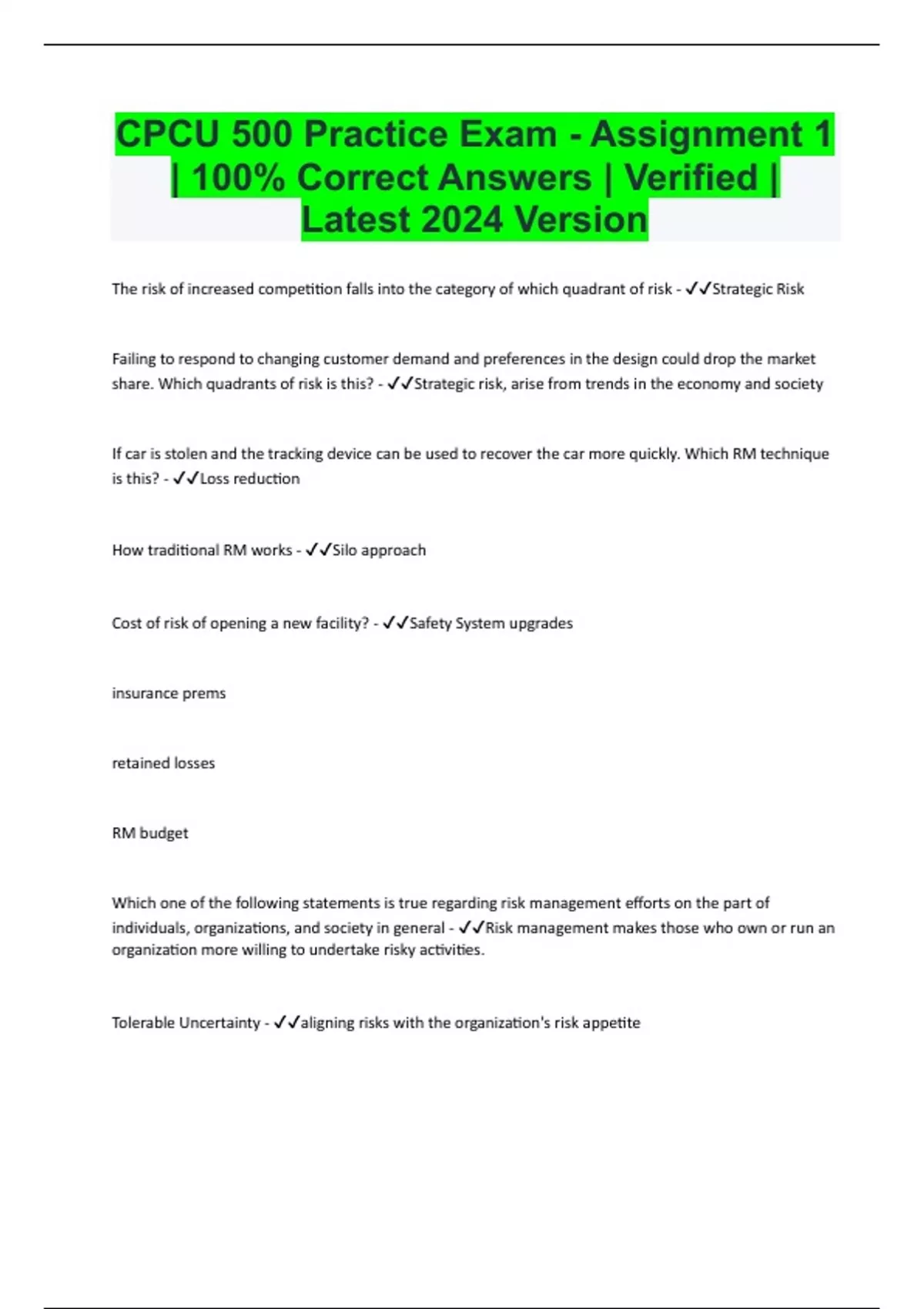 CPCU 500 Practice Exam - Assignment 1 | 100% Correct Answers | Verified ...