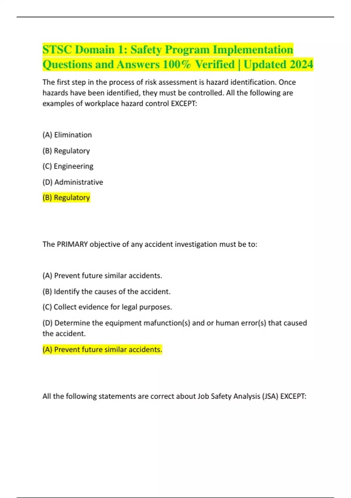 STSC Domain 1: Safety Program Implementation Questions and Answers 100% ...