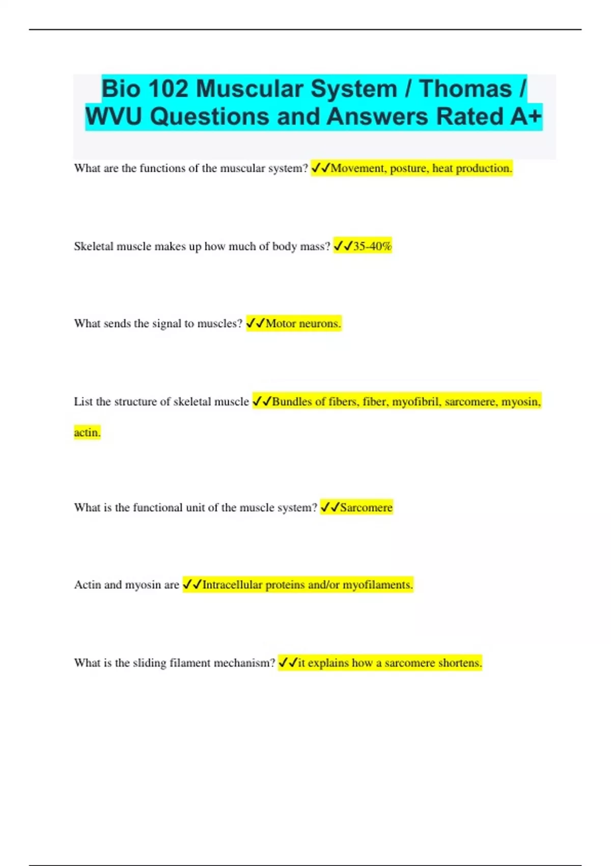 Bio 102 WVU Bundled Exams Questions and Answers Multiple Versions (2024/2025) (Complete ...