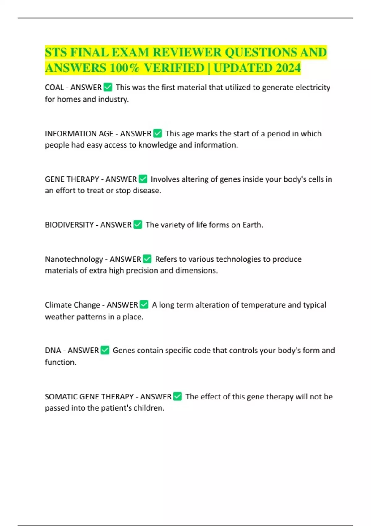 STS FINAL EXAM REVIEWER QUESTIONS AND ANSWERS 100% VERIFIED | UPDATED 2024 - STS - Stuvia US