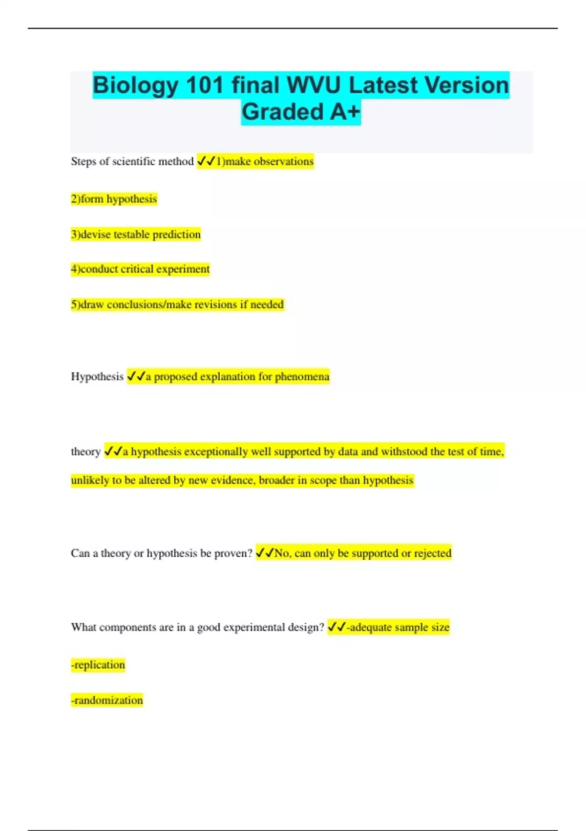 Biology 101 final WVU Latest Version Graded A+ - Biology 101 - Stuvia US