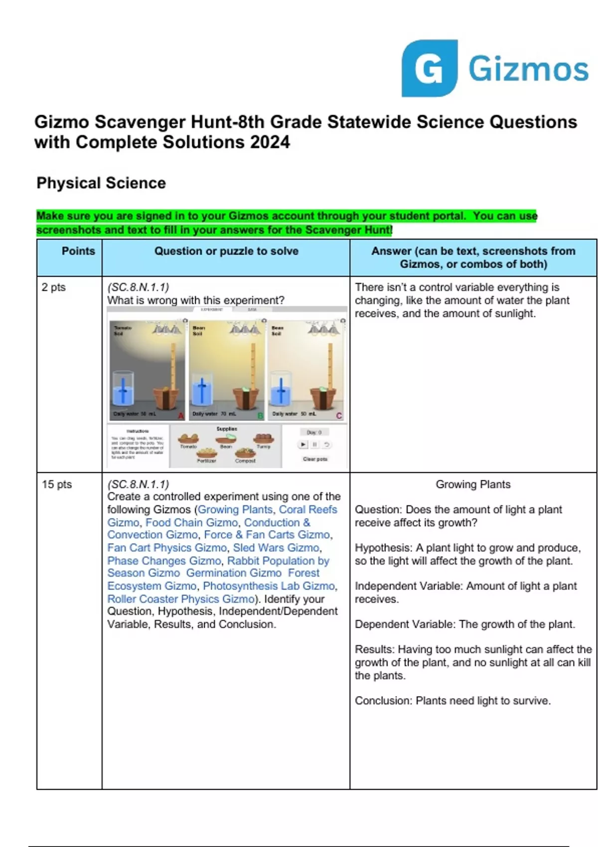Gizmo Scavenger Hunt-8th Grade Statewide Science Questions with ...