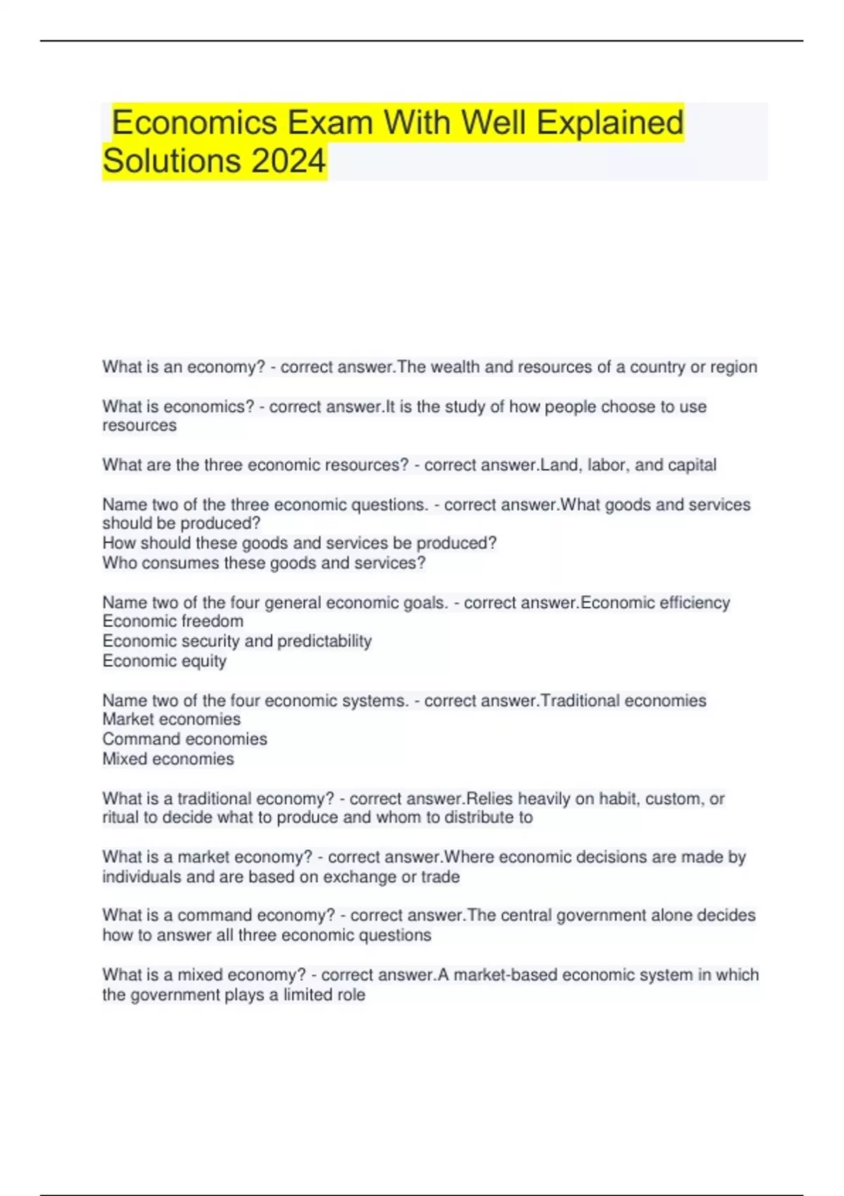 Economics Exam With Well Explained Solutions 2024 - Economics - Stuvia US