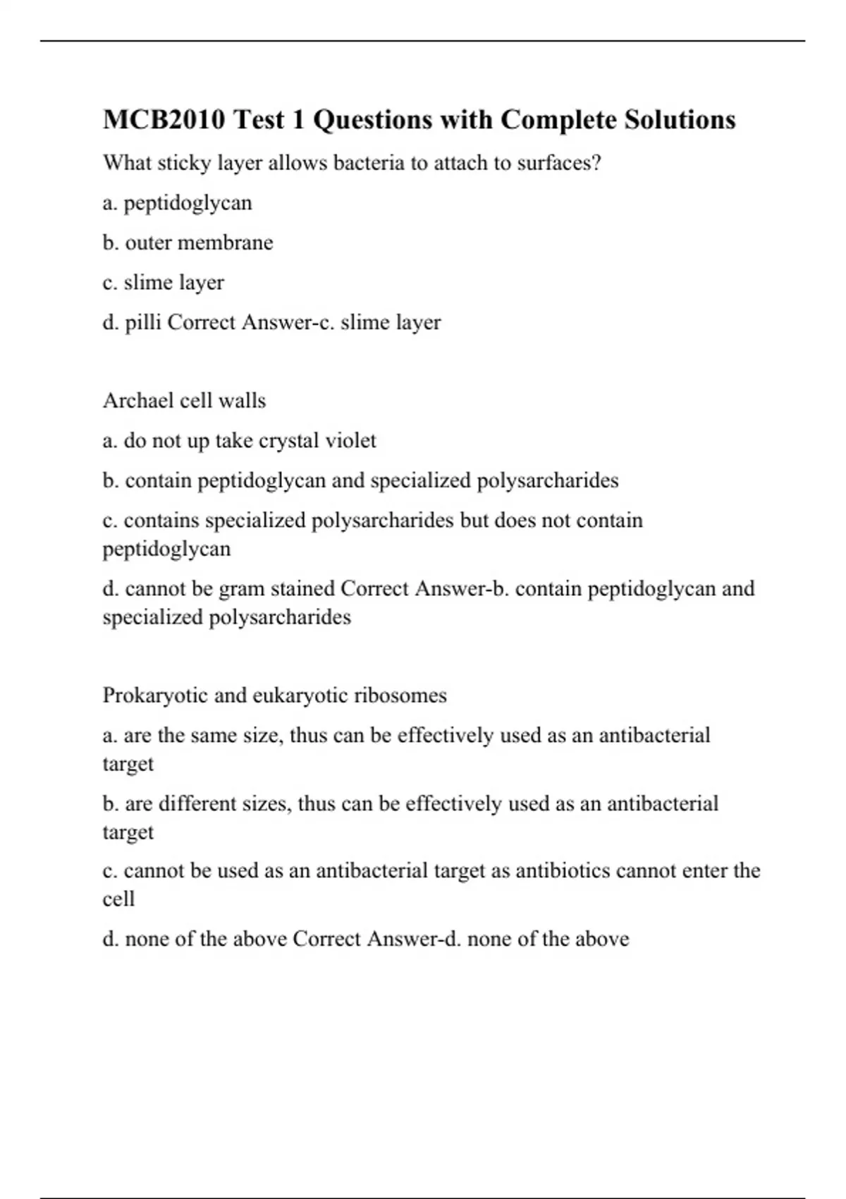 MCB2010 Test 1 Questions with Complete Solutions - MCB 2010 - Stuvia US