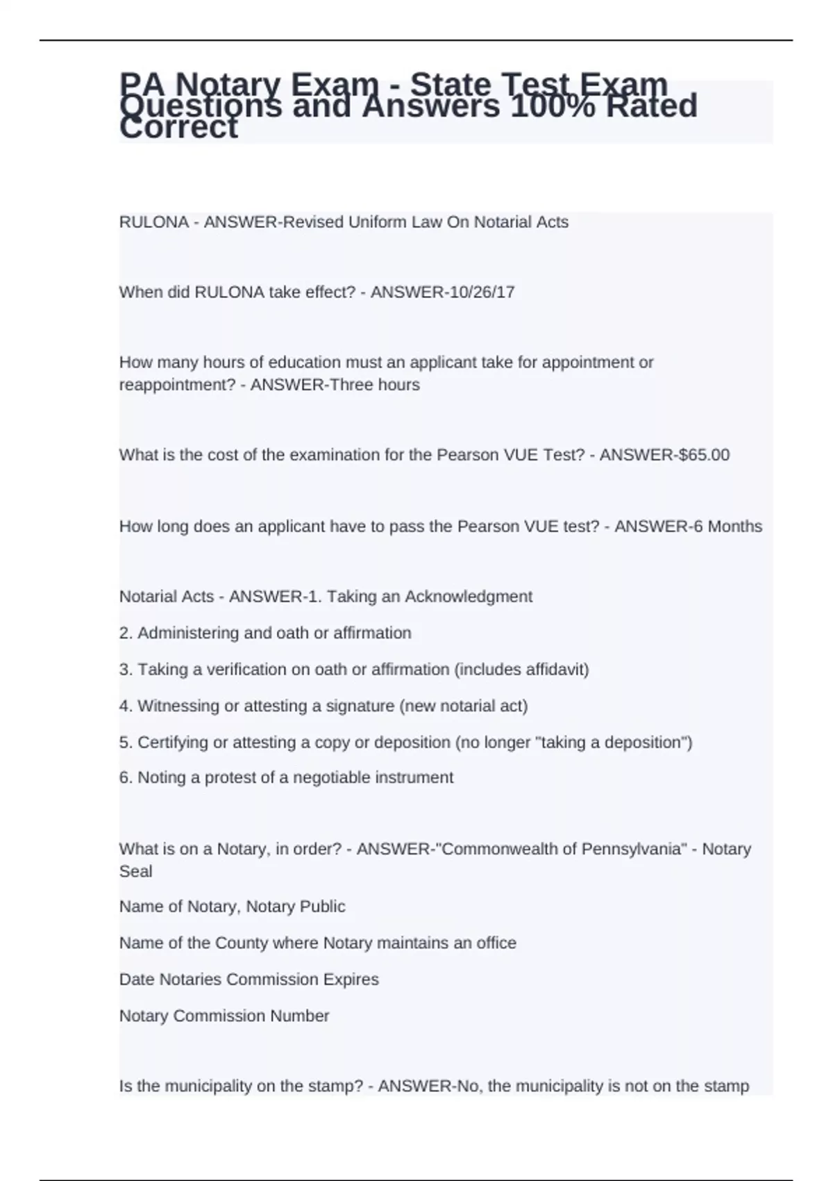 PA Notary Exam - State Test Exam Questions and Answers 100% Rated ...