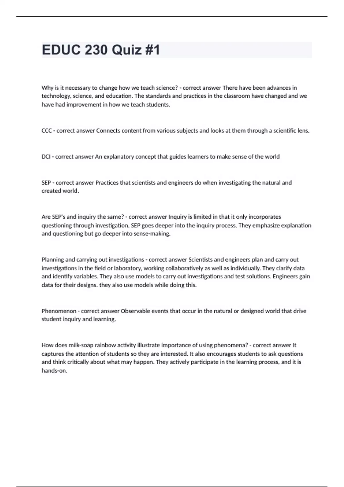 EDUC 230 Quiz #1 questions with complete solutions - EDU230 - Stuvia US