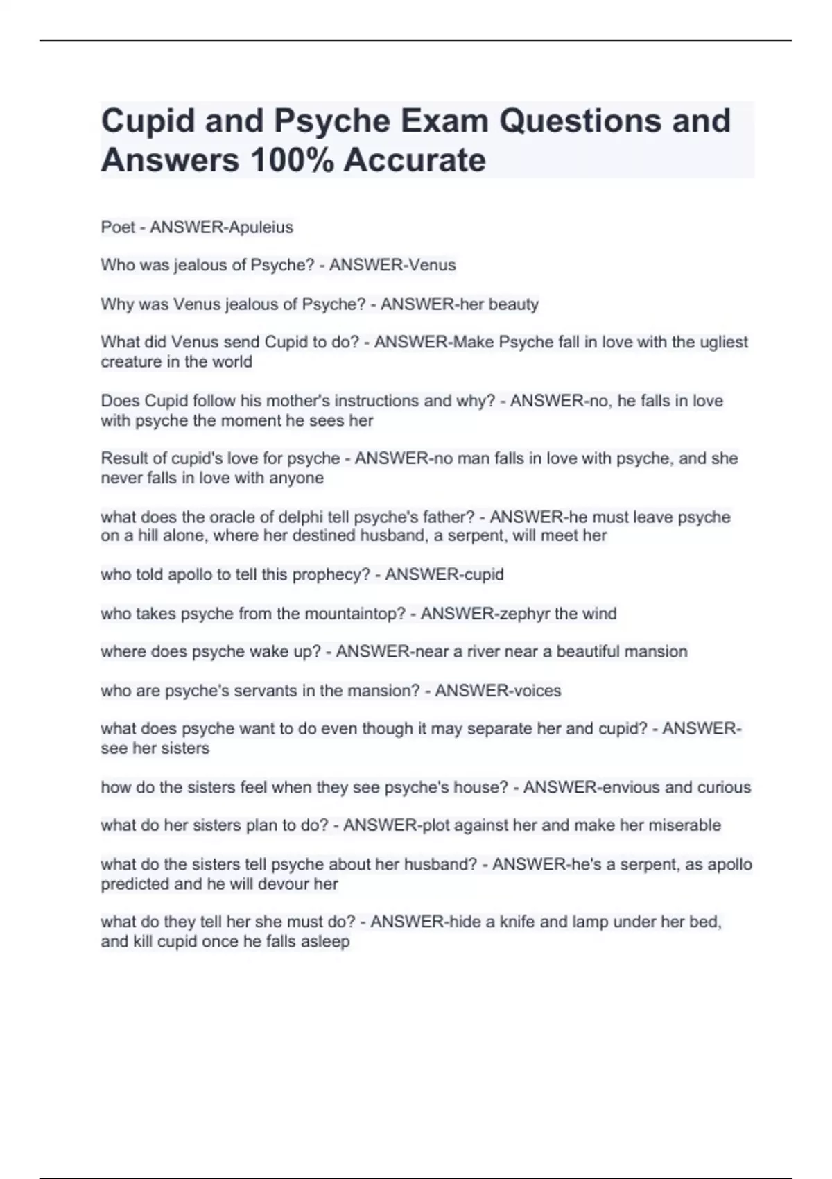 Cupid and Psyche Exam Questions and Answers 100% Accurate - Cupid and ...