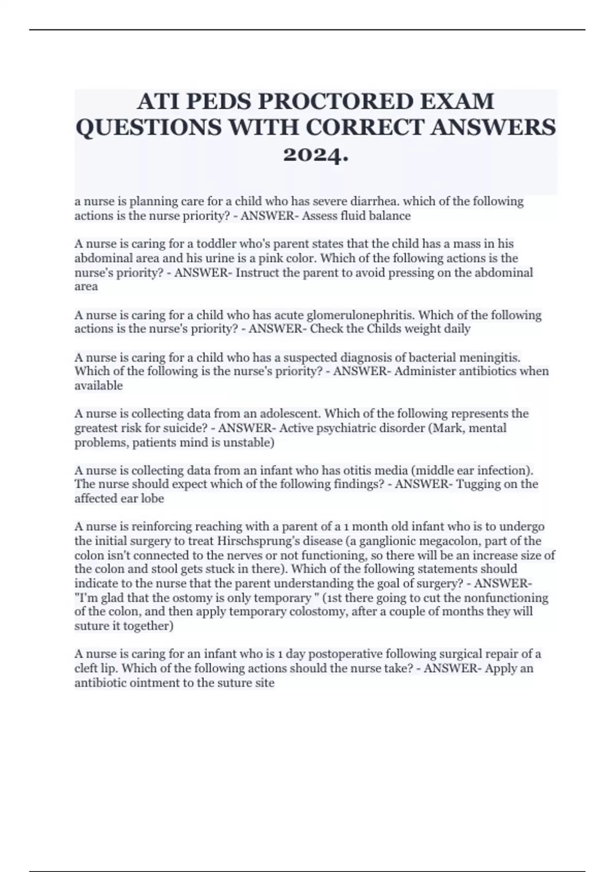 ATI PEDS PROCTORED EXAM QUESTIONS WITH CORRECT ANSWERS 2024. - ATI ...
